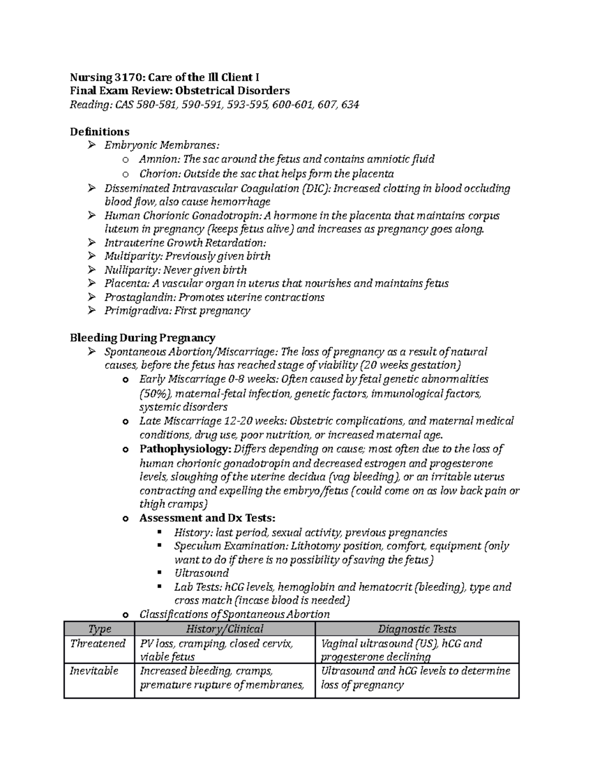 OBS notes Final - Nursing 3170: Care of the Ill Client I Final Exam ...