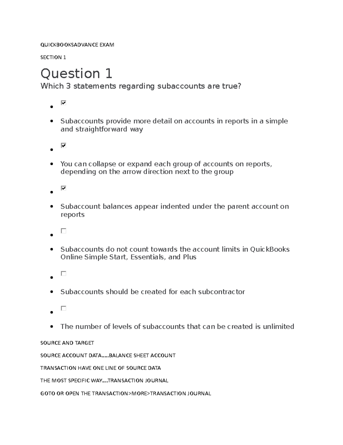 Quickbooks Advance EXAM - QUICKBOOKSADVANCE EXAM SECTION 1 Question 1 ...