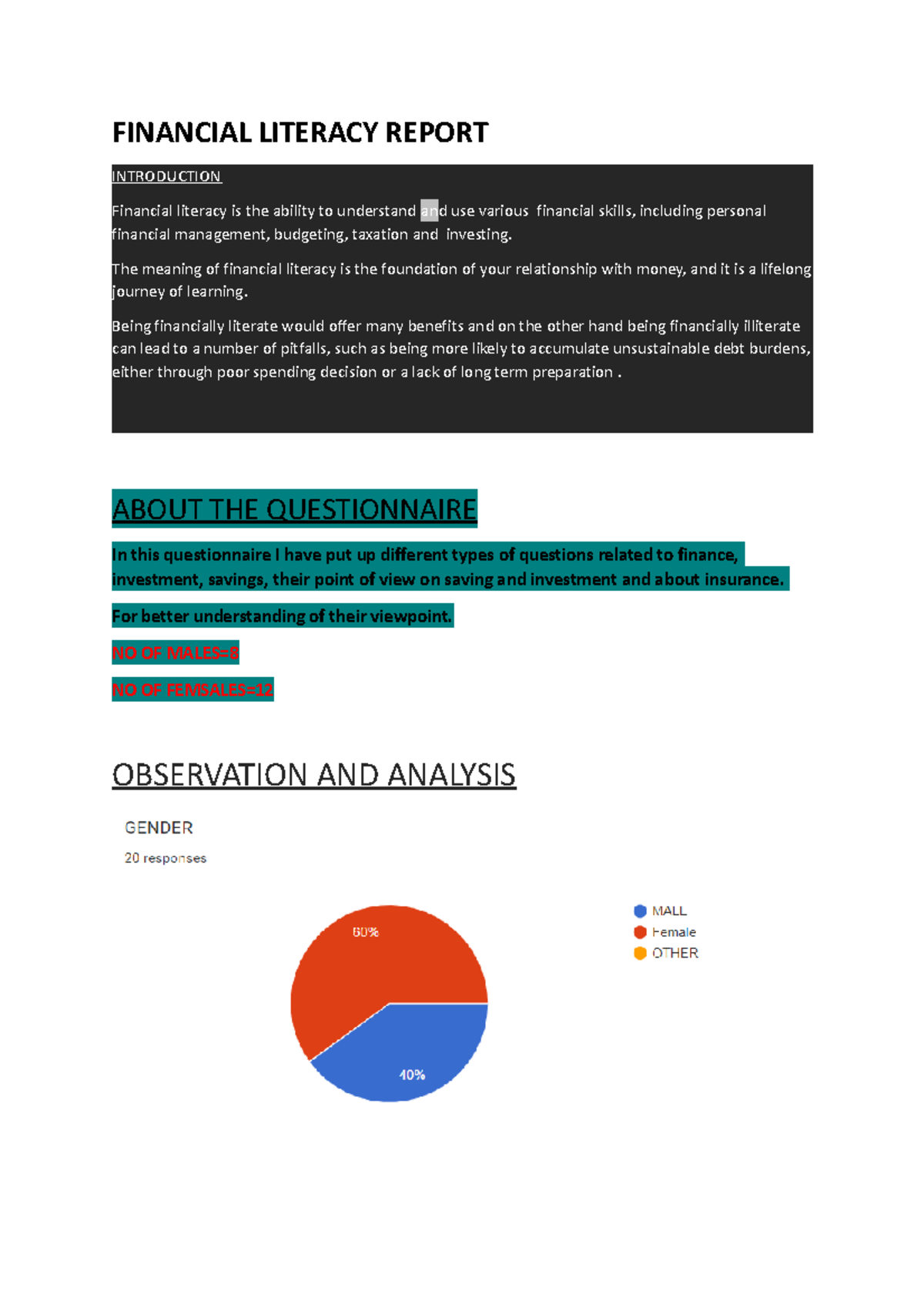Financial LIT 2 - FINANCIAL LITERACY REPORT INTRODUCTION Financial ...