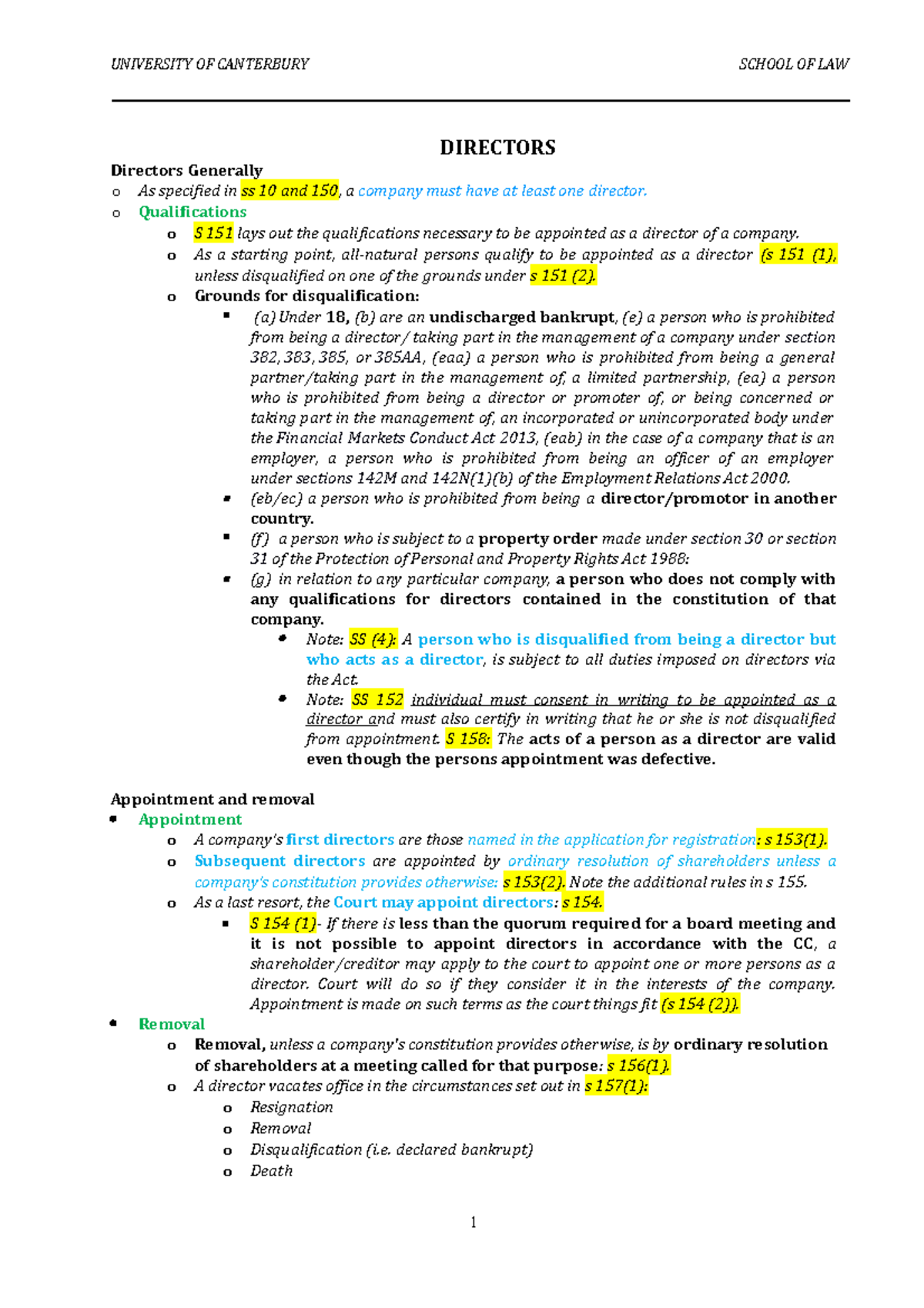 Directors - Exam summary - DIRECTORS Directors Generally o As specified ...