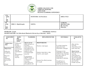 NCP nursing document - LORMA COLLEGES CON TEMPLATE NURSING CARE PLAN ...