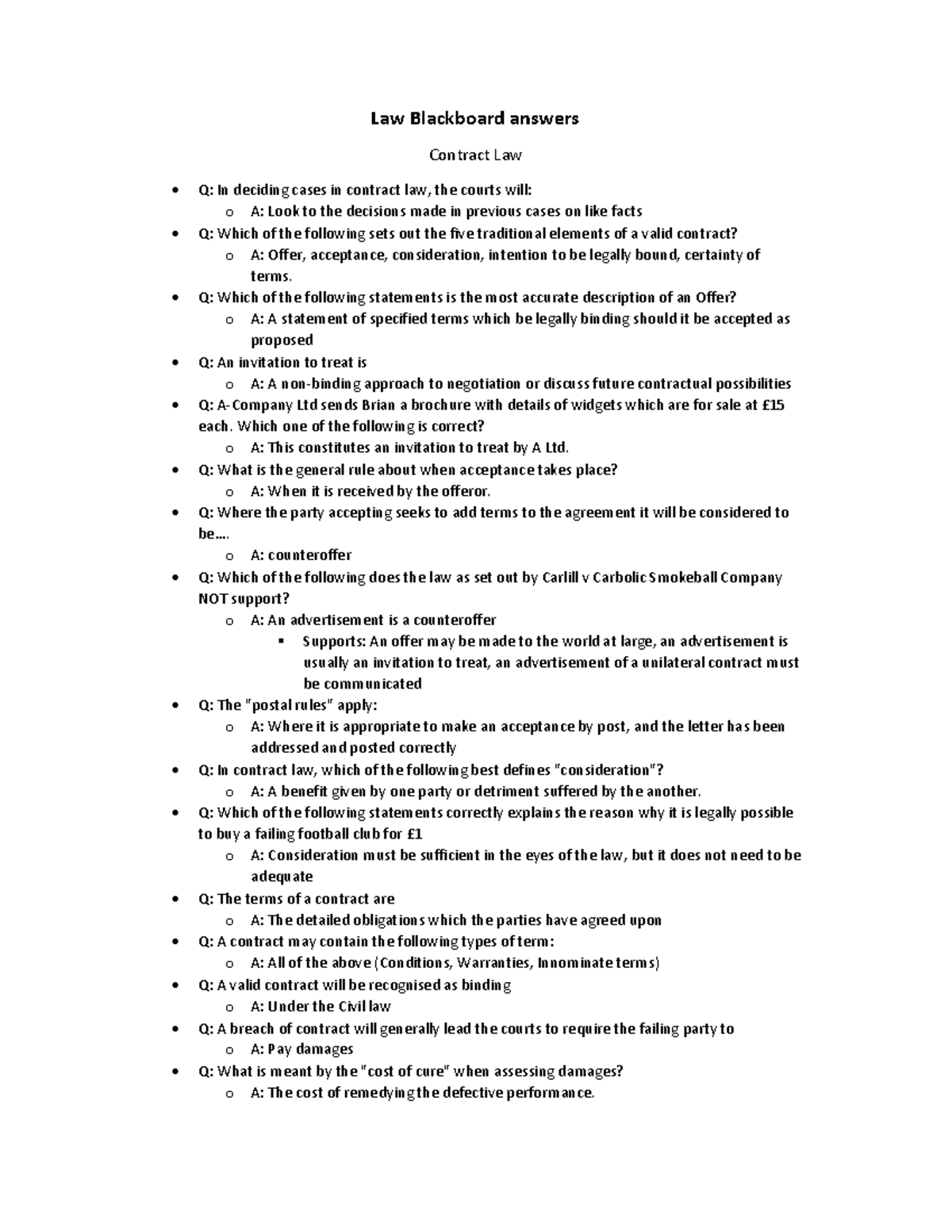 Law MCQ Q+A's - Law formative blackboard answers - Law Blackboard ...