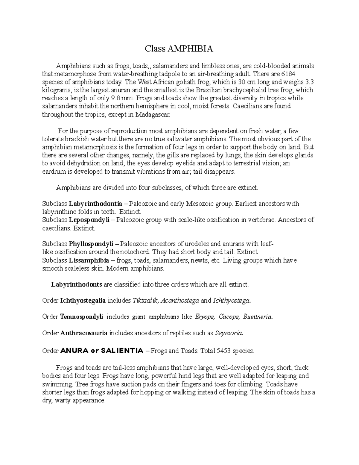 Class Amphibia - Lecture notes 1-3 - Class AMPHIBIA Amphibians such as ...