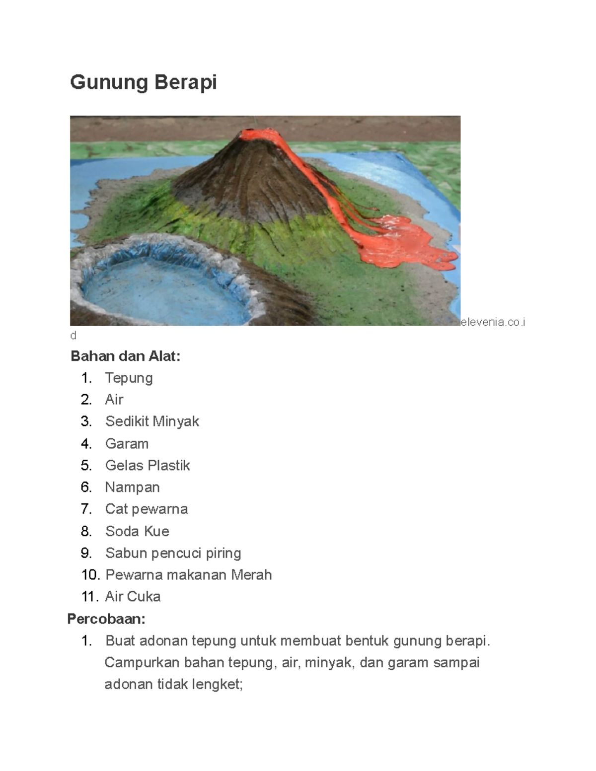 Eksperimen Gunung Berapi - Gunung Berapi elevenia.co d Bahan dan Alat: Tepung Air Sedikit Minyak ...