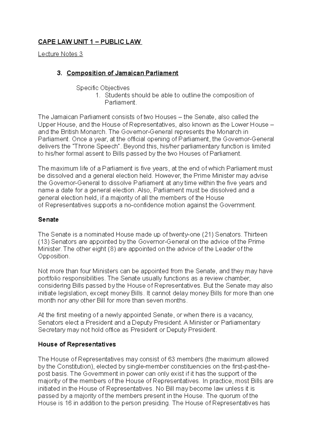 Public Law - Lecture Notes 3 - CAPE LAW UNIT 1 – PUBLIC LAW Lecture ...