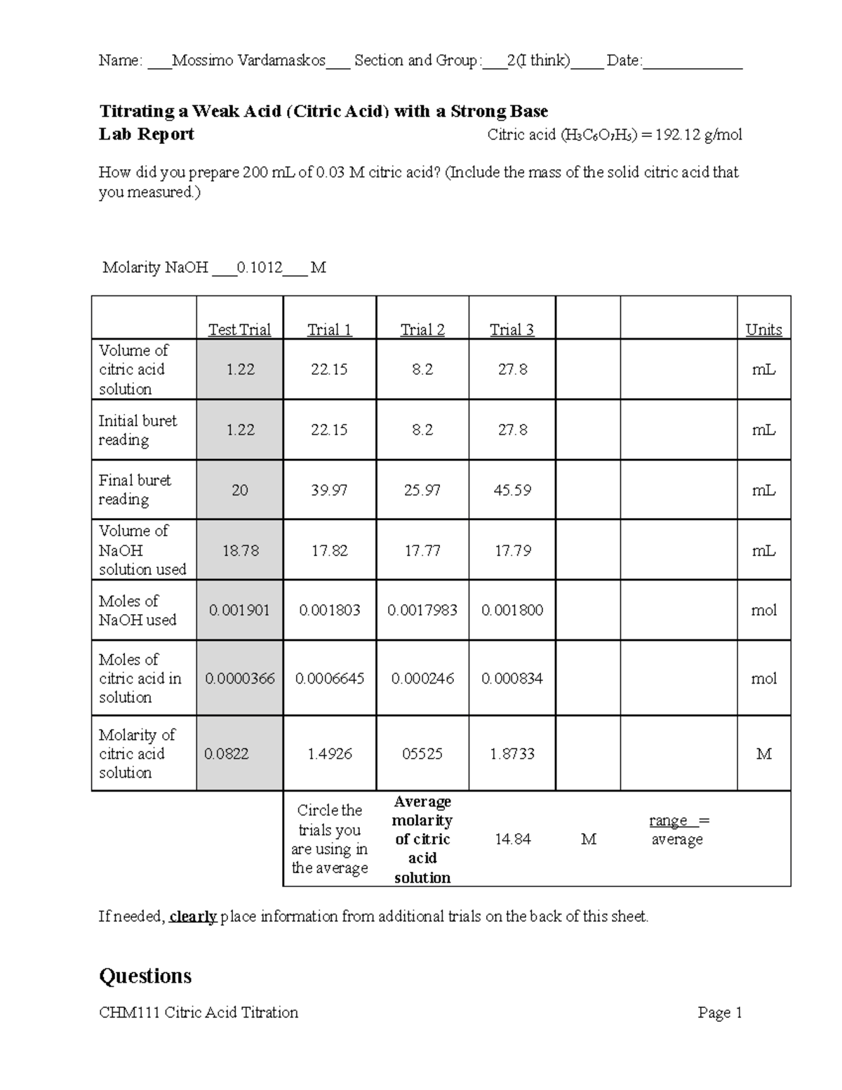 CHM 111 Citric acid titration v2 data question-1 - Name: Mossimo ...