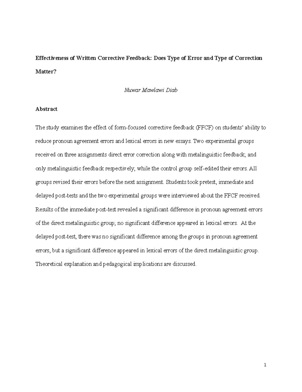 Effectivenessof Written Corrective Feedback Does Typeof Errorand Typeof ...