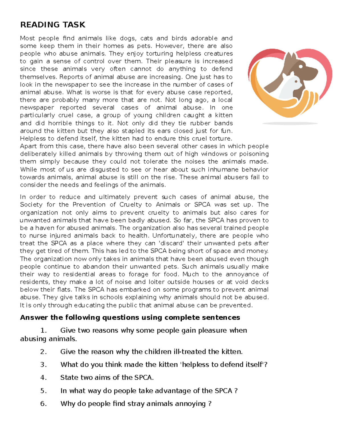 Read in g TASK-animal welfare - READING TASK Most people find animals ...