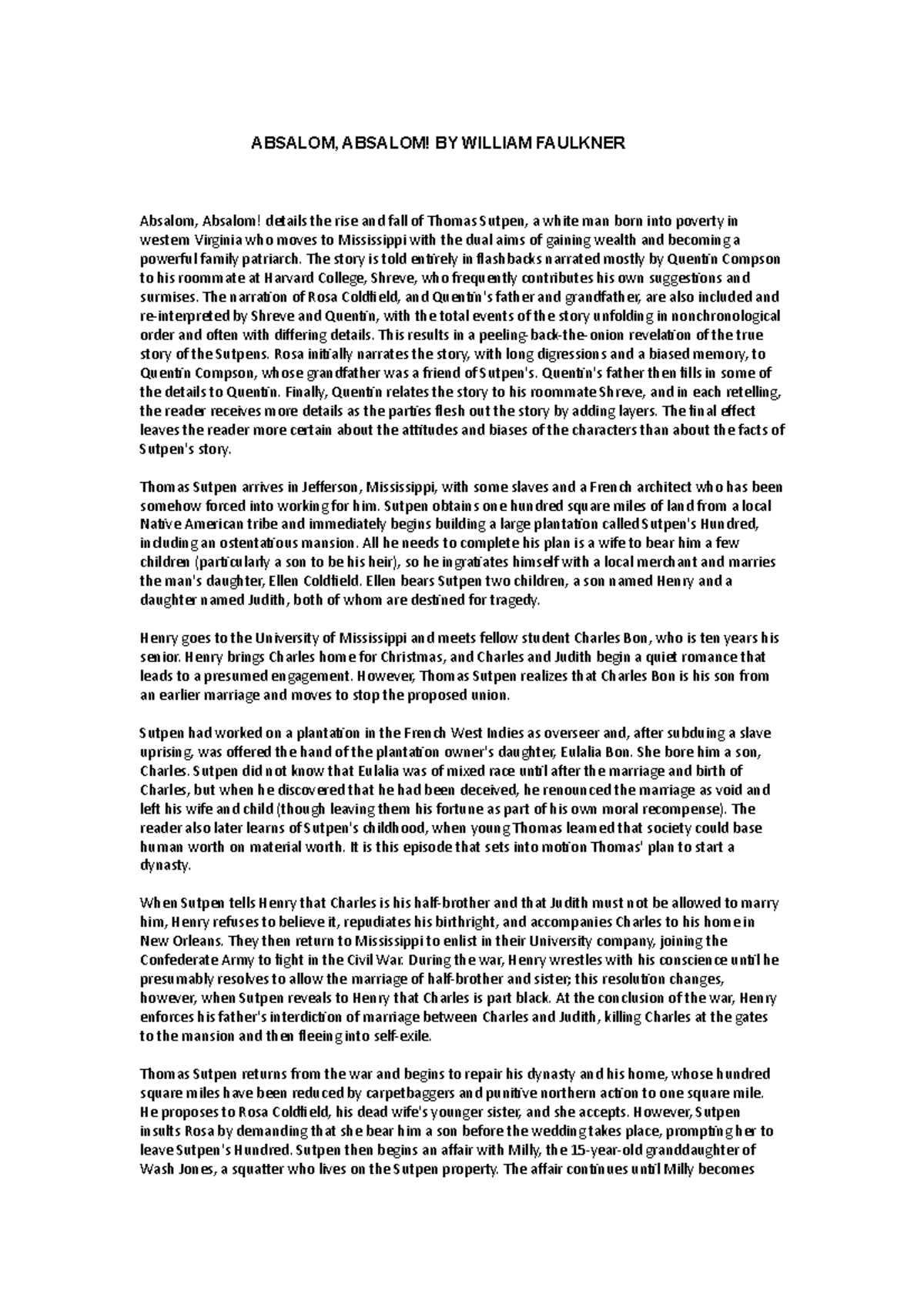 Absalom - The story is told entirely in flashbacks narrated mostly by ...