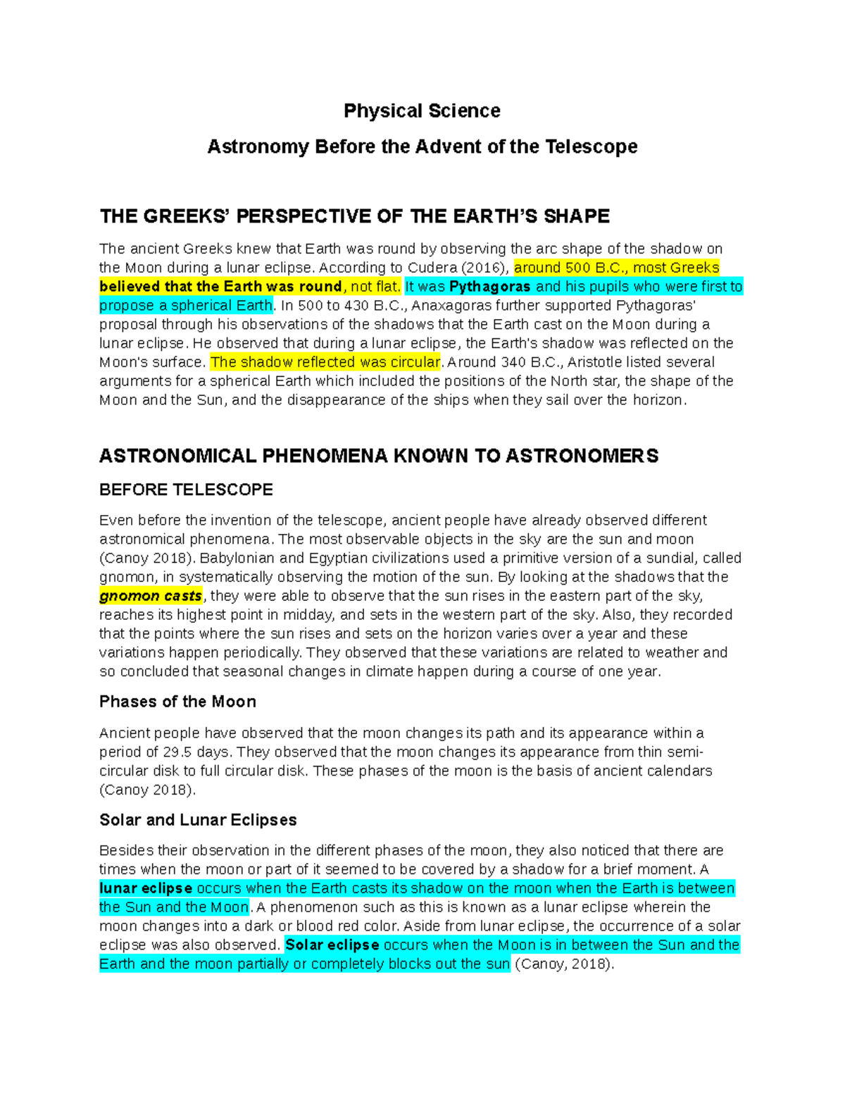 Physical Science Astronomy Before the Advent of the Telescope - General ...