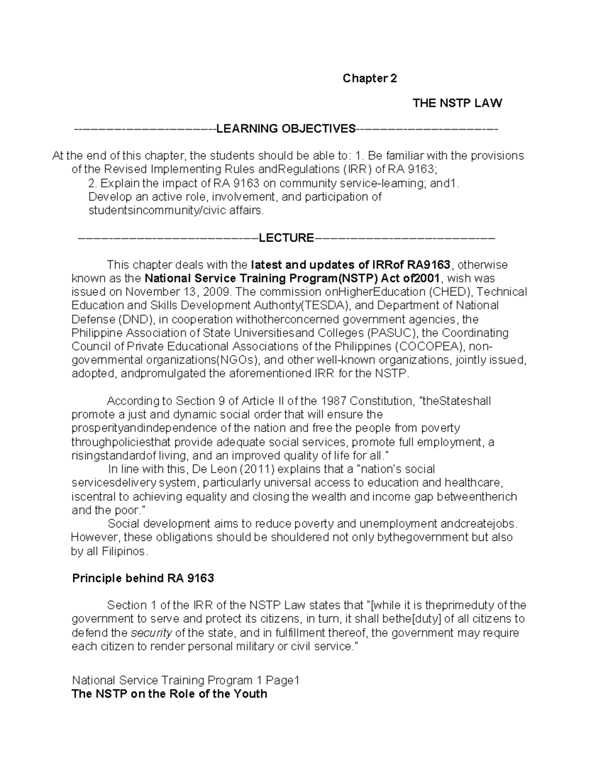 Chapter 2 THE NSTP LAW - THE NSTP LAW - Chapter 2 THE NSTP LAW ...