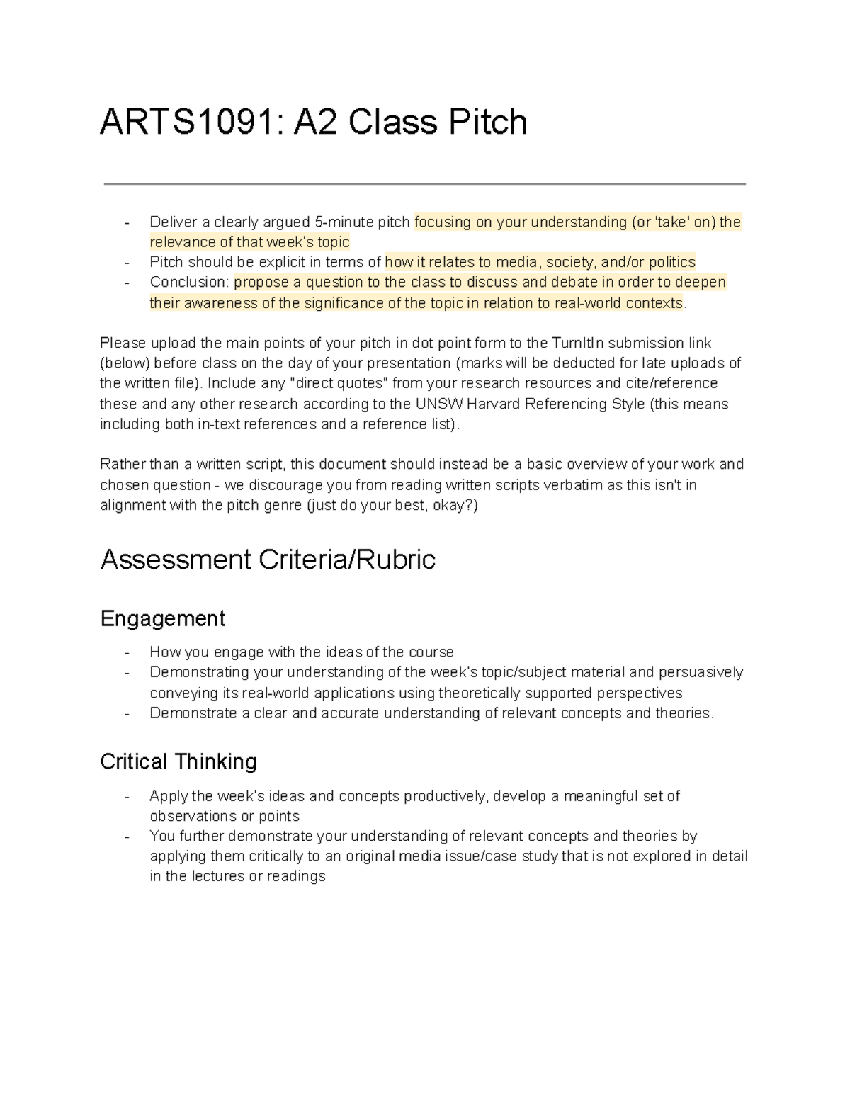 ARTS1091 A2 Class Pitch - ARTS1091: A2 Class Pitch Deliver a clearly ...
