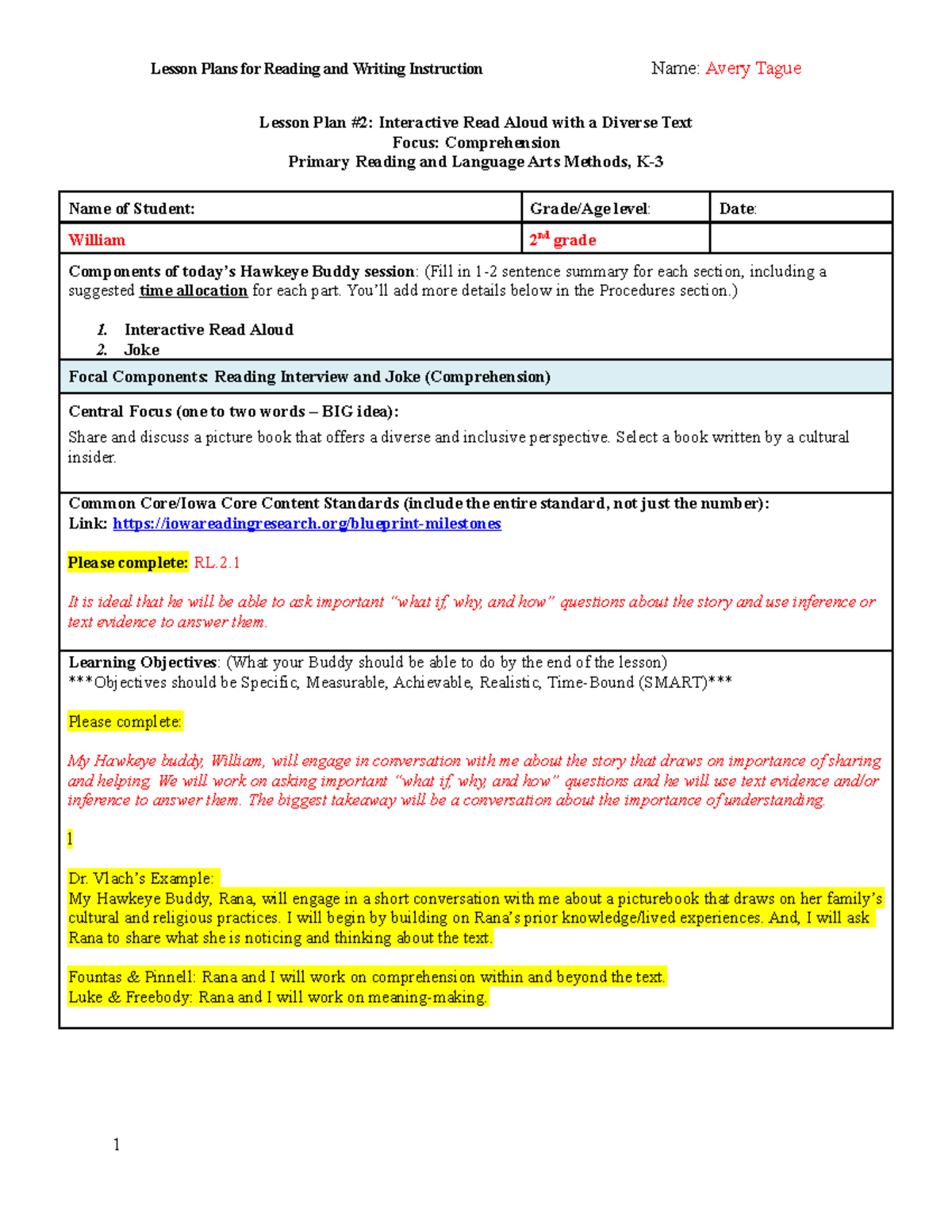Lesson plan 2 - Lesson Plan #2: Interactive Read Aloud with a Diverse ...
