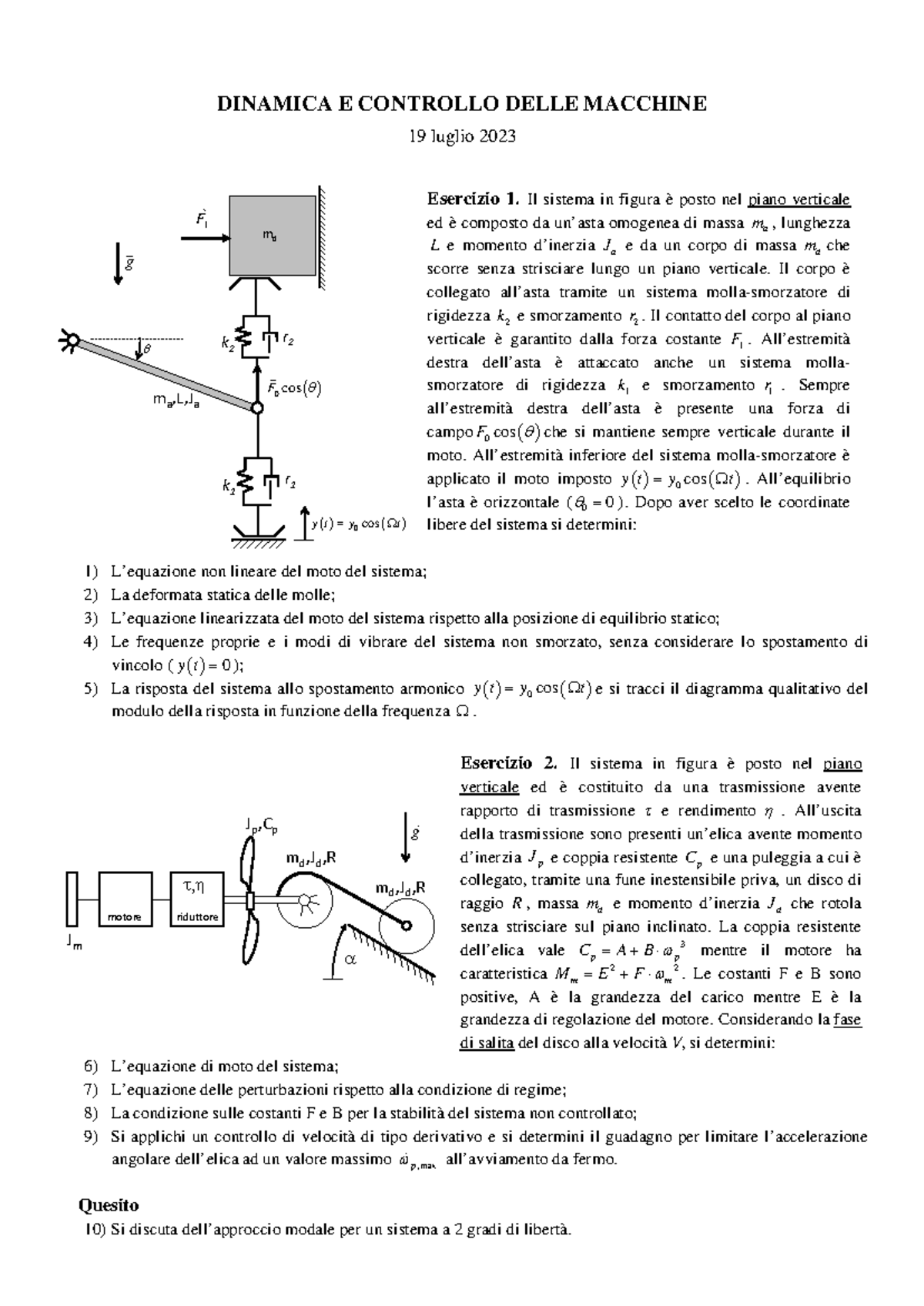 DCM 2023 07 19 V3 - temi d'esame - DINAMICA E CONTROLLO DELLE MACCHINE ...