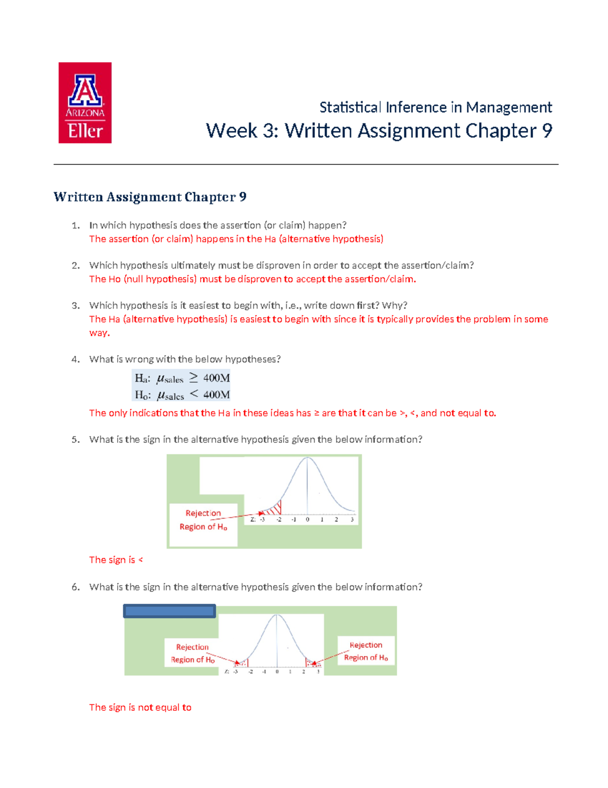 UG BNAD 276 Written Assignment Chapter 9 - Statistical Inference in Management Week 3: Written ...