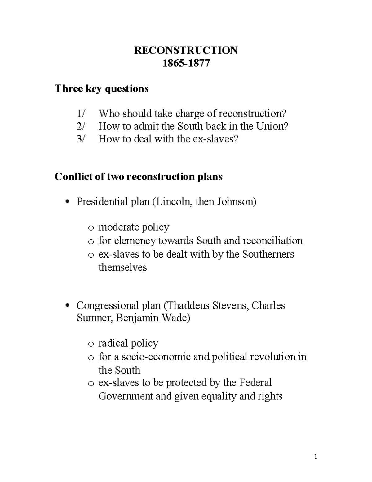 24. Reconstruction - Notes - RECONSTRUCTION 1865- Three key questions 1 ...
