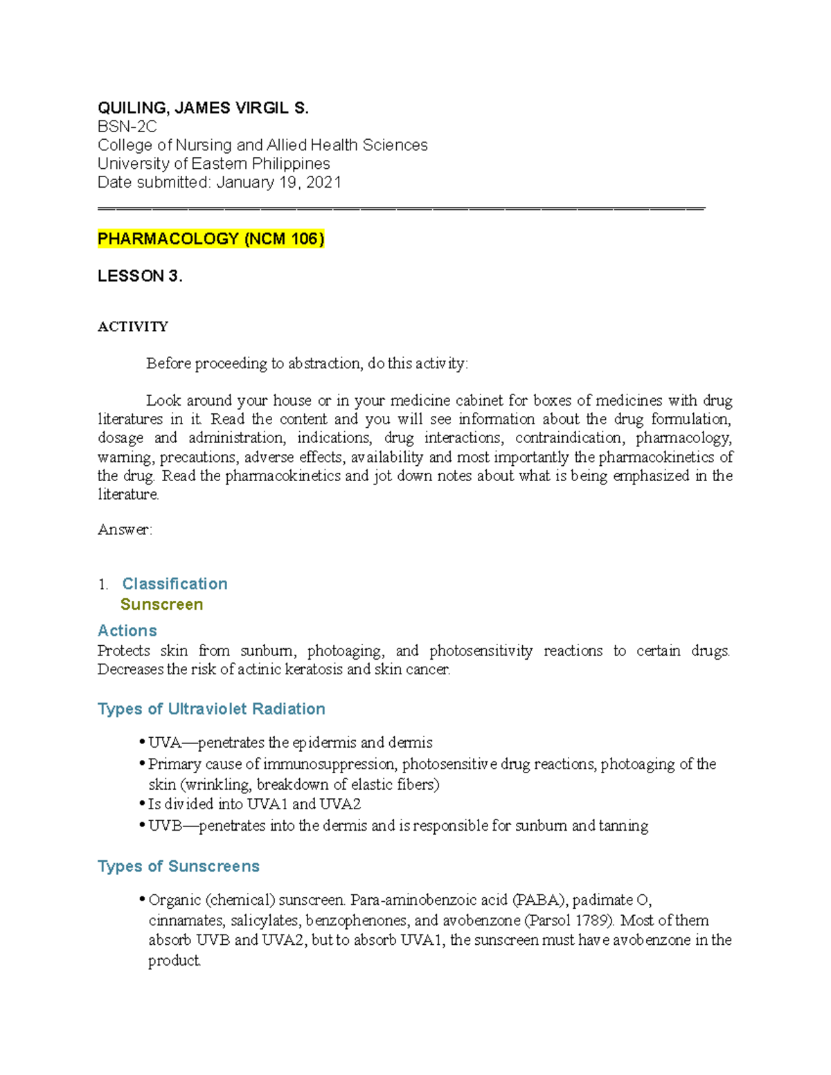 Pharma lesson 3 - QUILING, JAMES VIRGIL S. BSN-2C College of Nursing ...