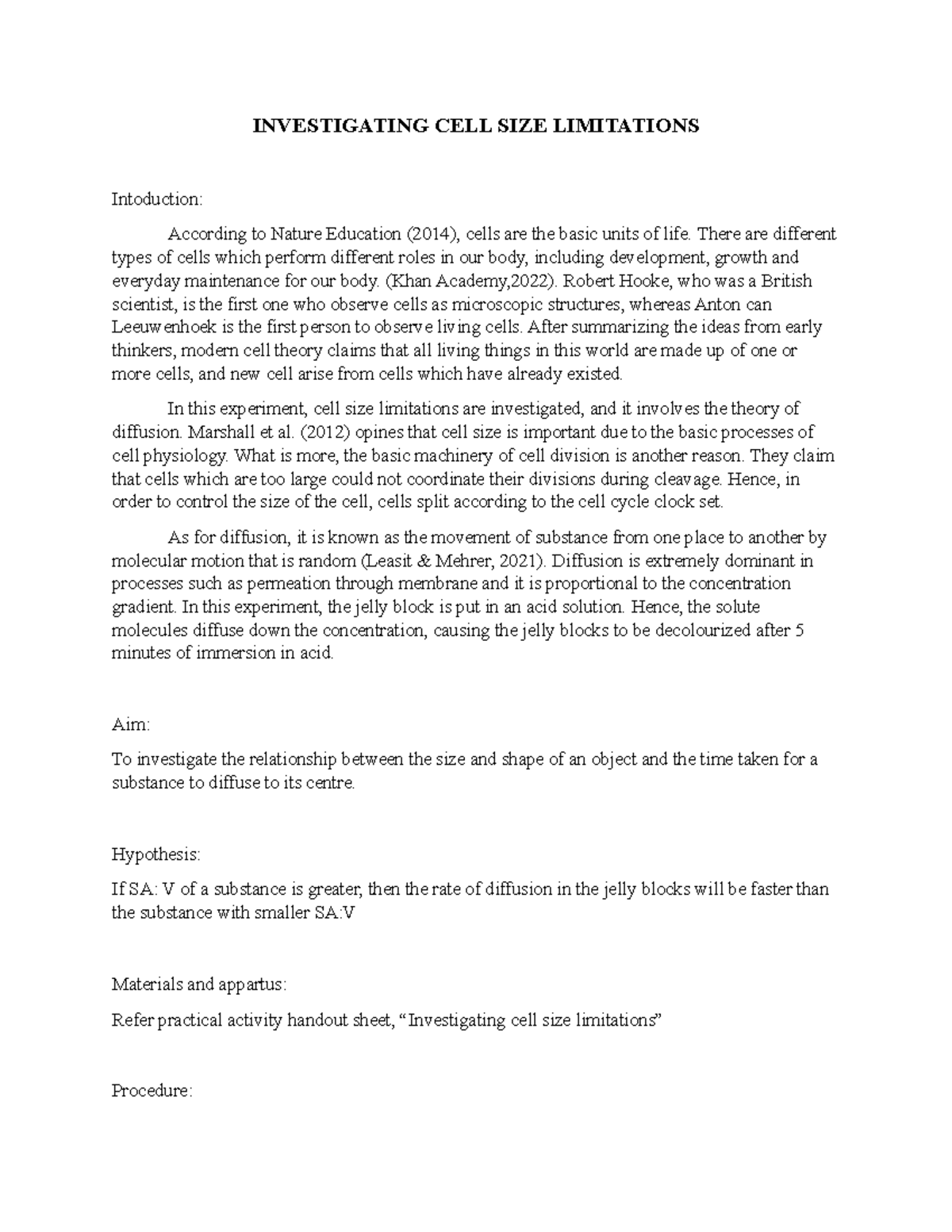 Formative practical report 2 - INVESTIGATING CELL SIZE LIMITATIONS ...
