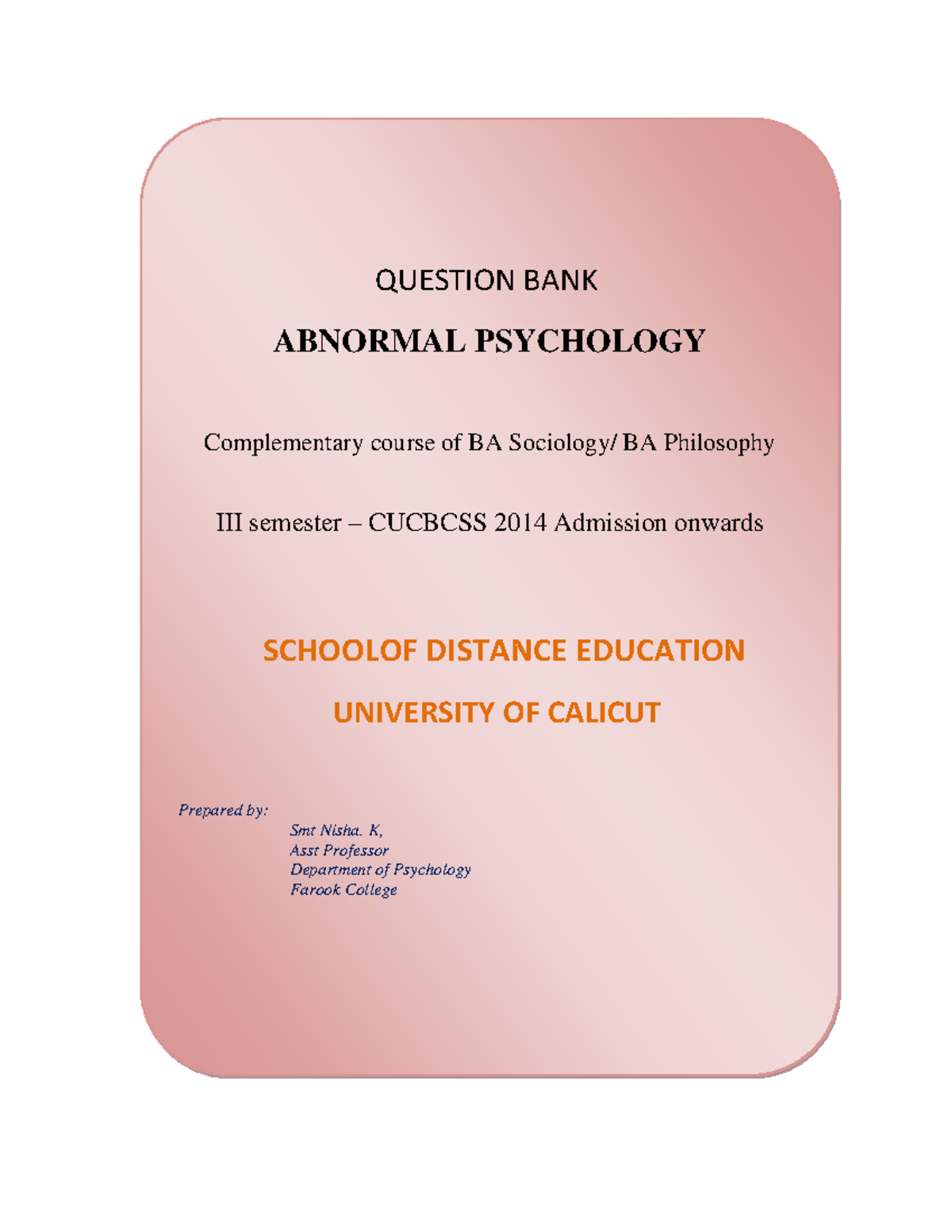 MCQ-Abnormal psychology - QUESTION BANK ABNORMAL PSYCHOLOGY ...