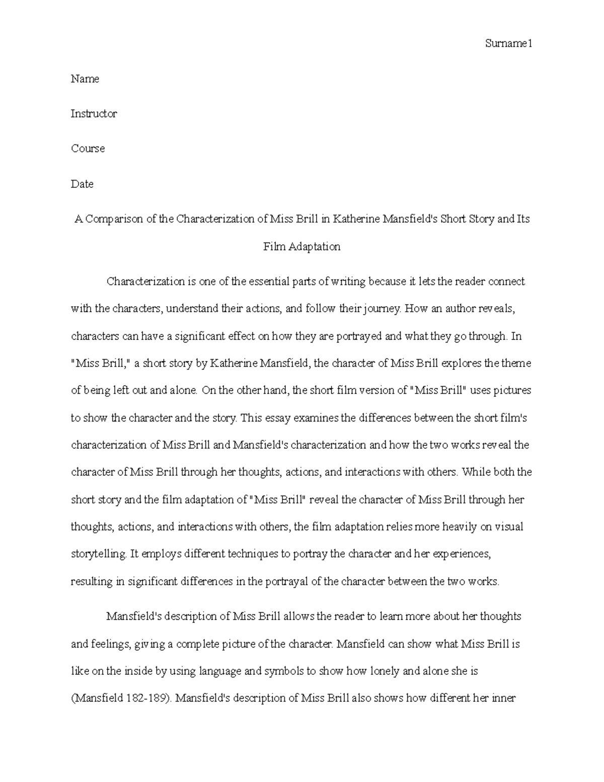 The Short Film’s Characterization of Miss Brill VS. Mansfield’s ...