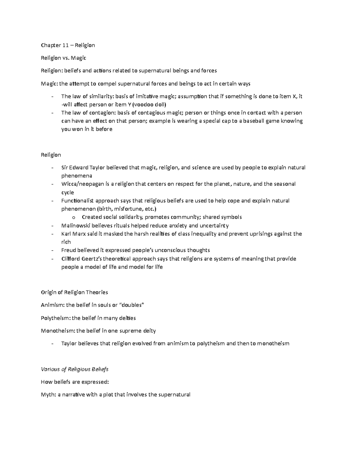 Chapter 11 – Religion - Chapter 11 – Religion Religion vs. Magic ...