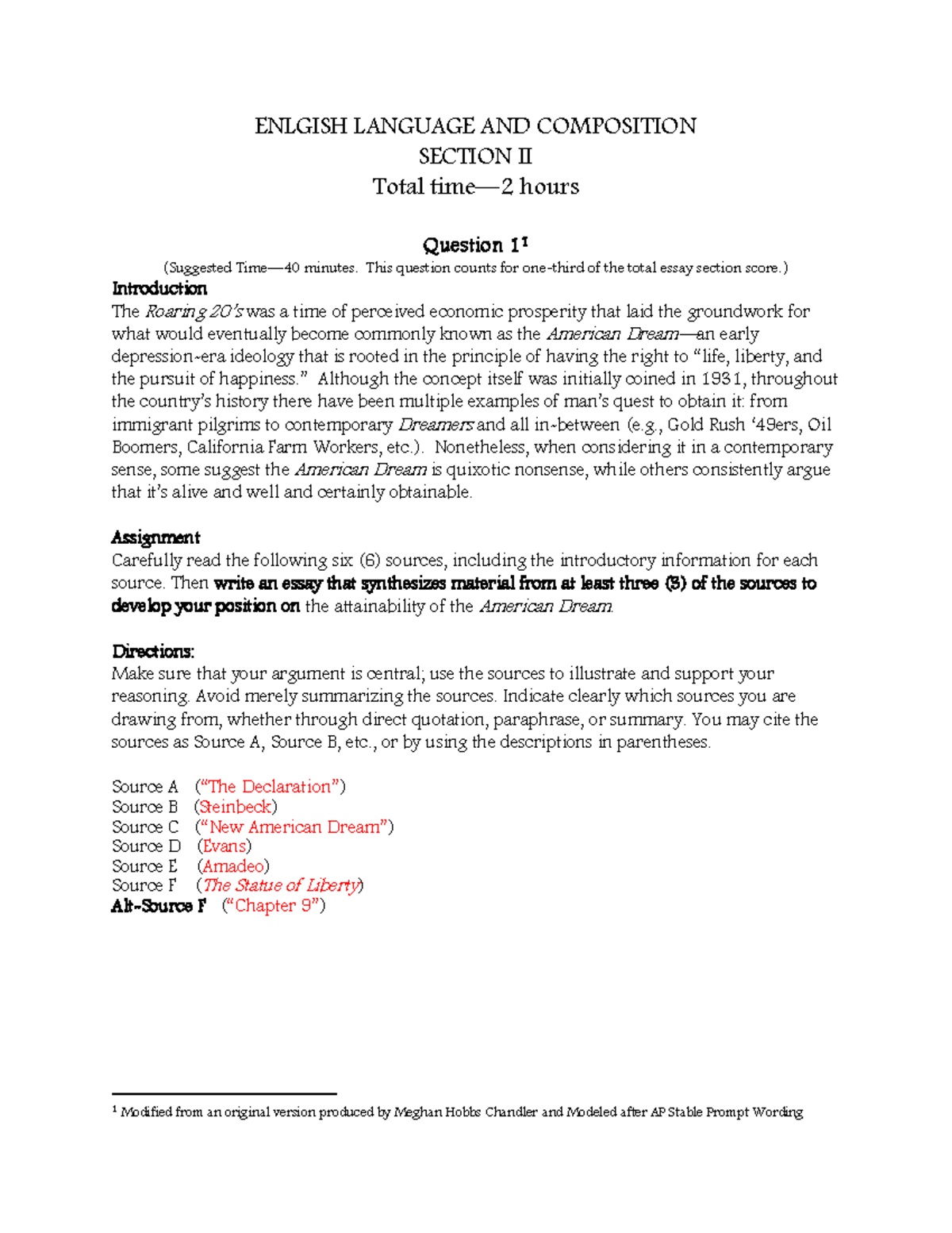 American Dream Synthesis - ENLGISH LANGUAGE AND COMPOSITION SECTION II ...