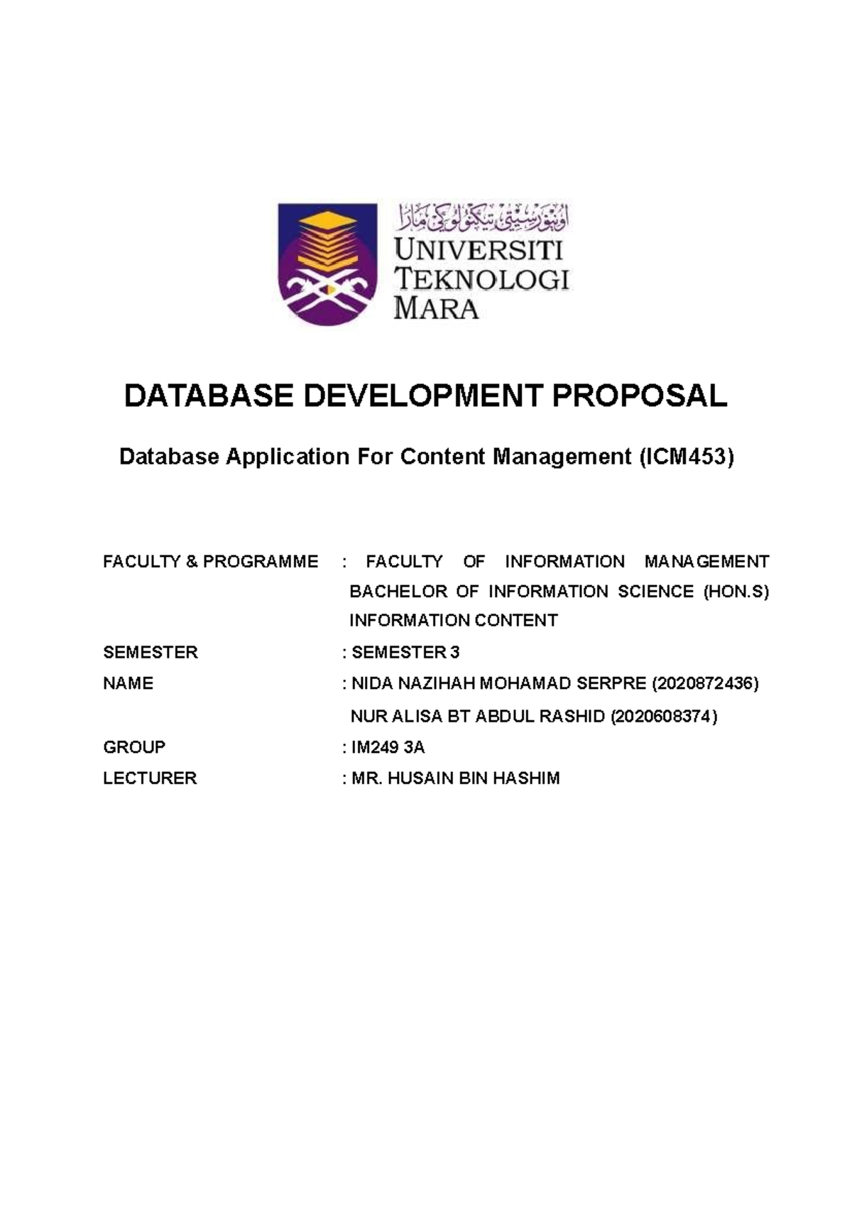 Proposal ICM453 (Complete) - Administrative Management - UiTM - Studocu