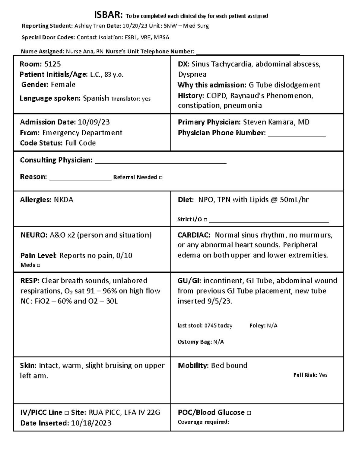 Rm25 Isbar 102023 - sbar or patient - ISBAR: To be completed each ...