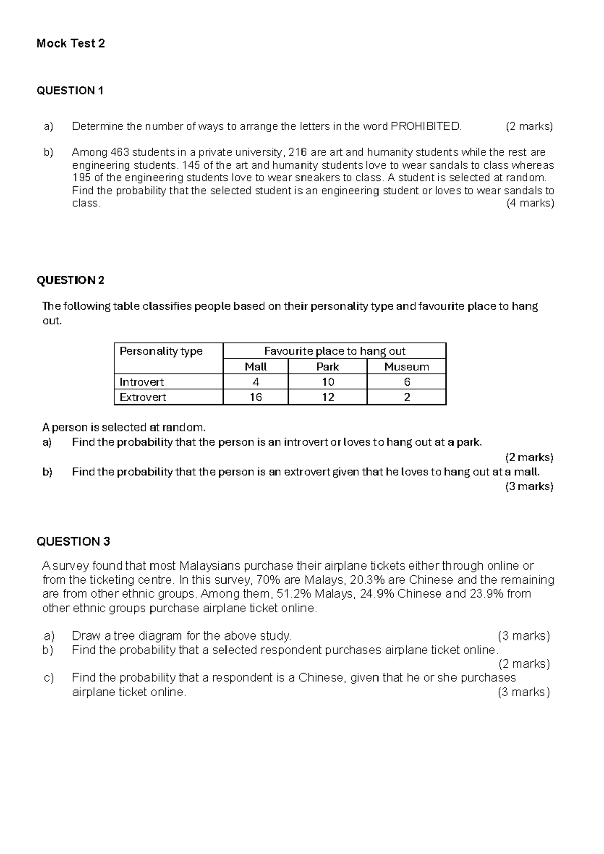 Mock test ch2 - Mock Test 2 QUESTION 1 a) Determine the number of ways ...