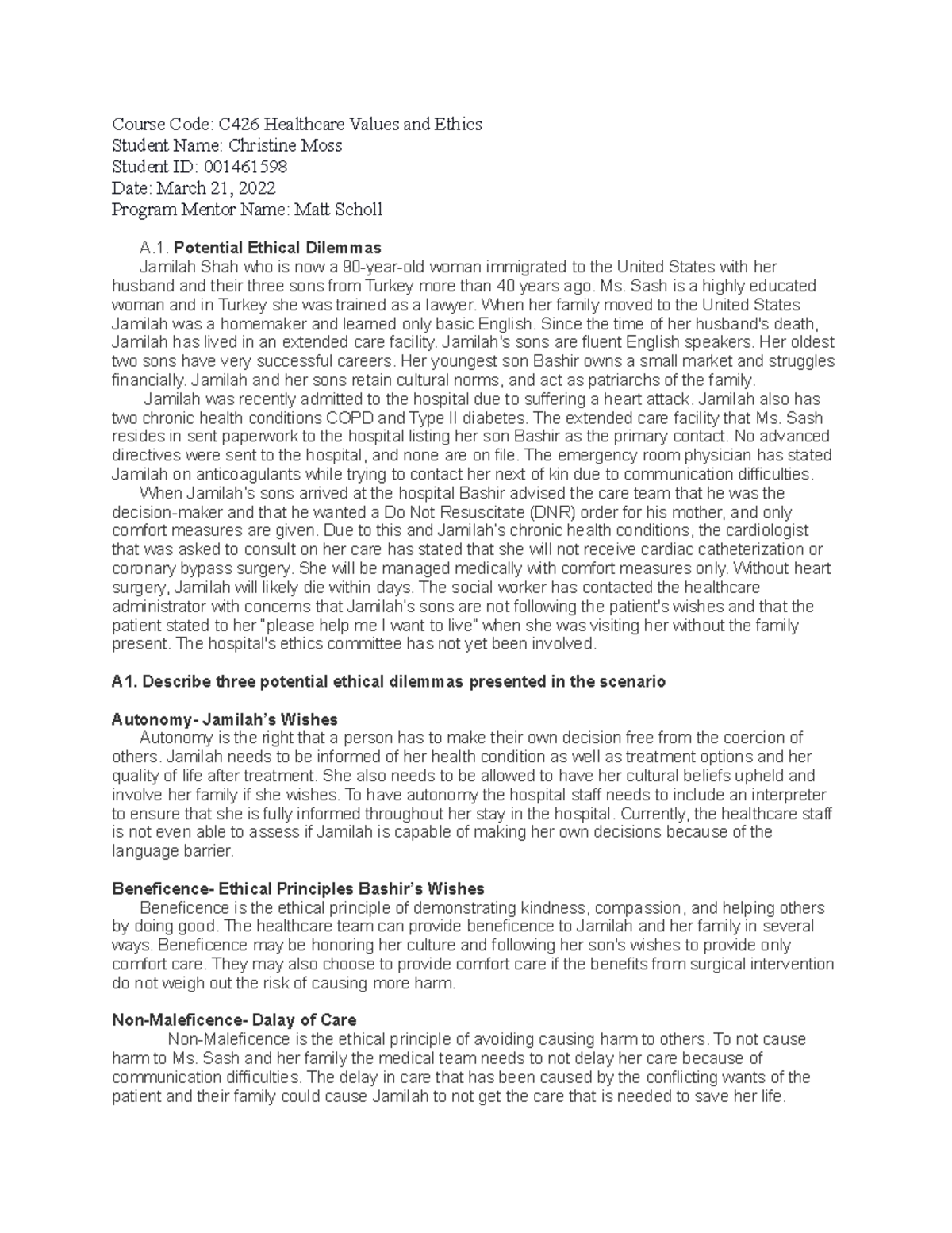 C426 Healthcare Values and Ethics PA - Course Code: C426 Healthcare ...