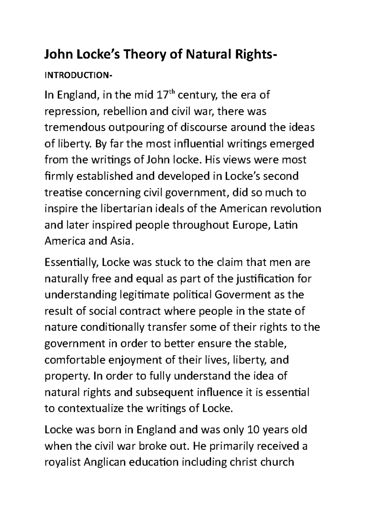 John Locke - John Locke’s Theory of Natural Rights- INTRODUCTION- In ...