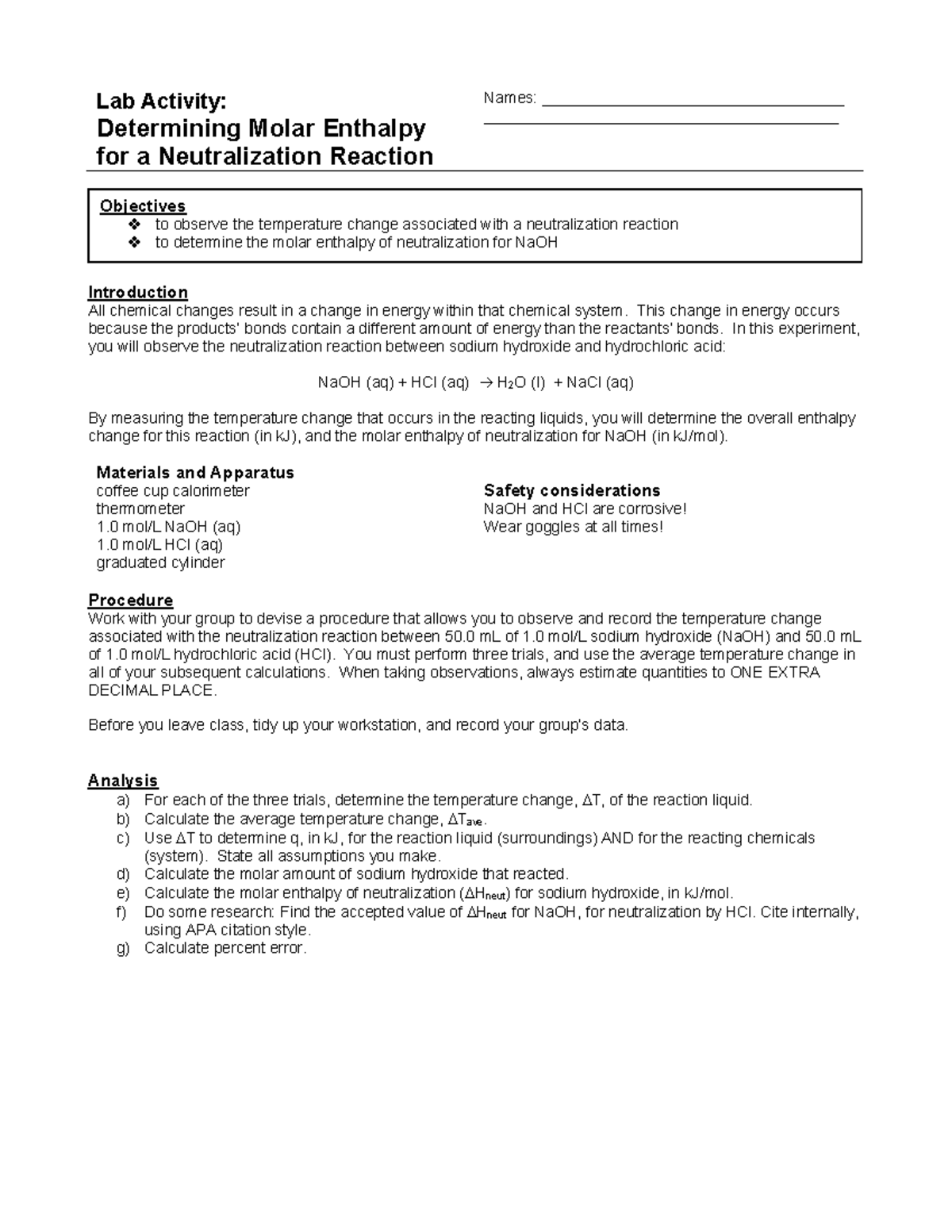 Lab - enthalpy of neutralization - Lab Activity: Determining Molar ...