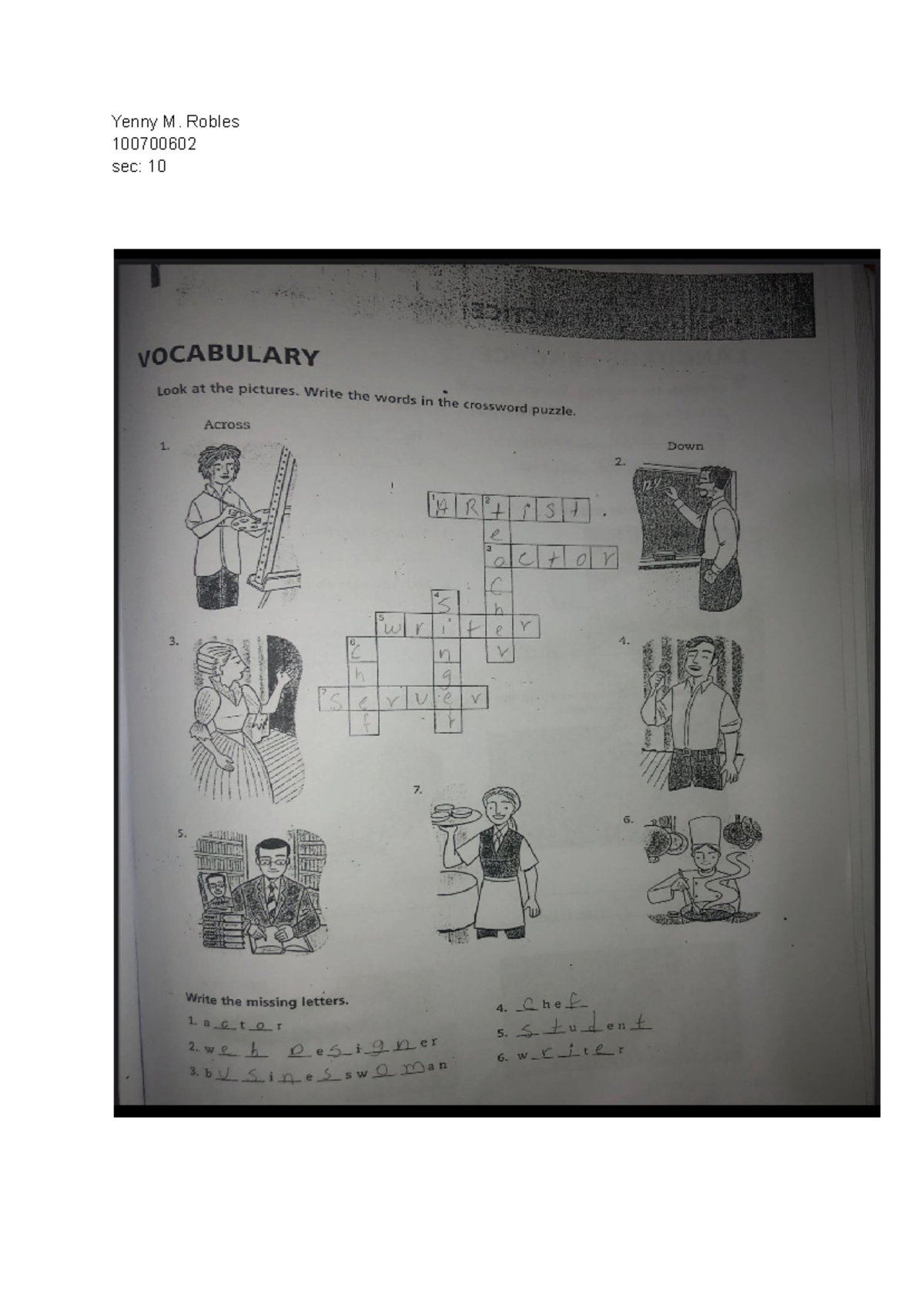 Pratica 1 - Ejercicios - VOCABULARY Look at the pictures. Write the words in the crossword ...