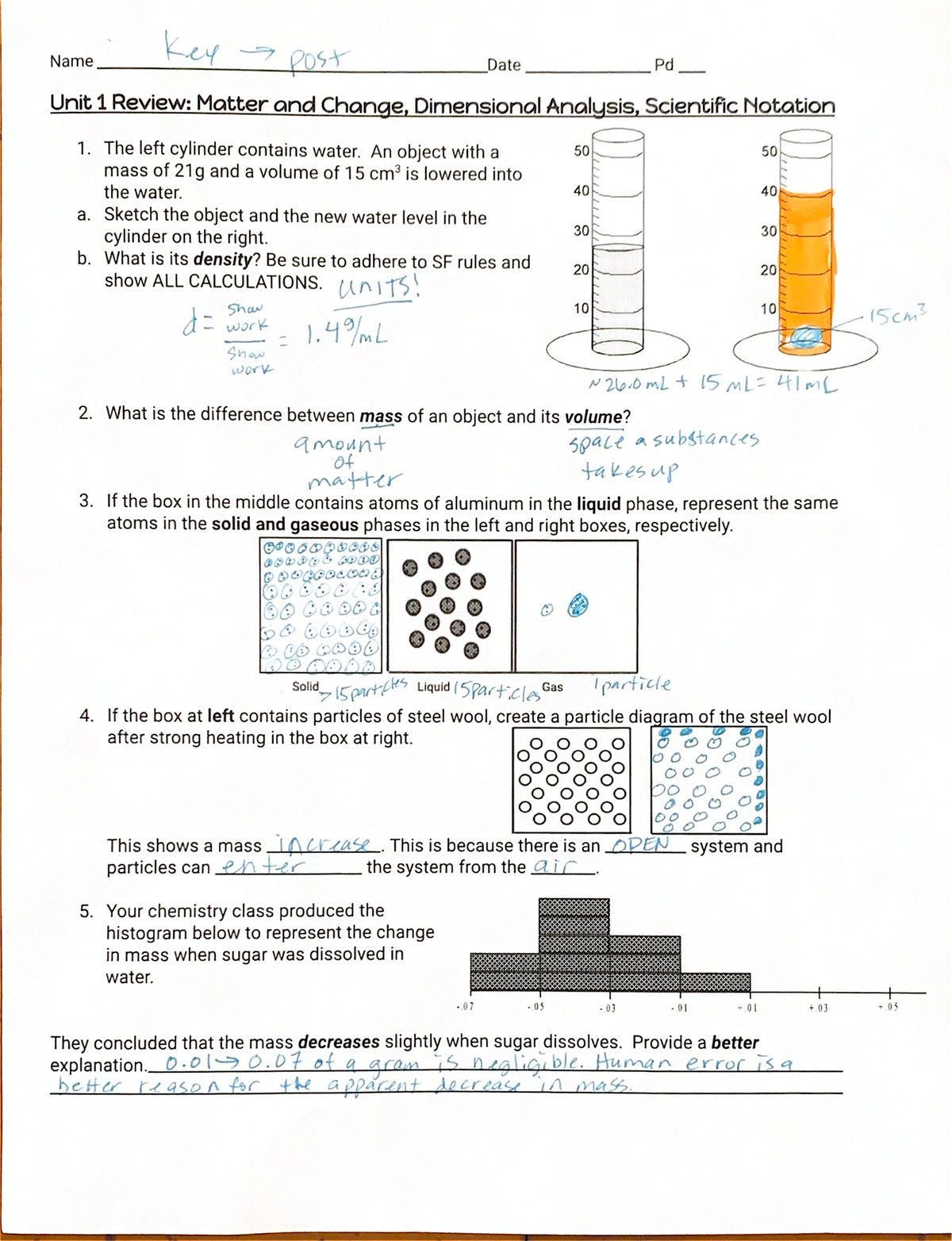 KEY Unit 1 Review: Matter and Change, Dimensional Analysis, Scientific ...
