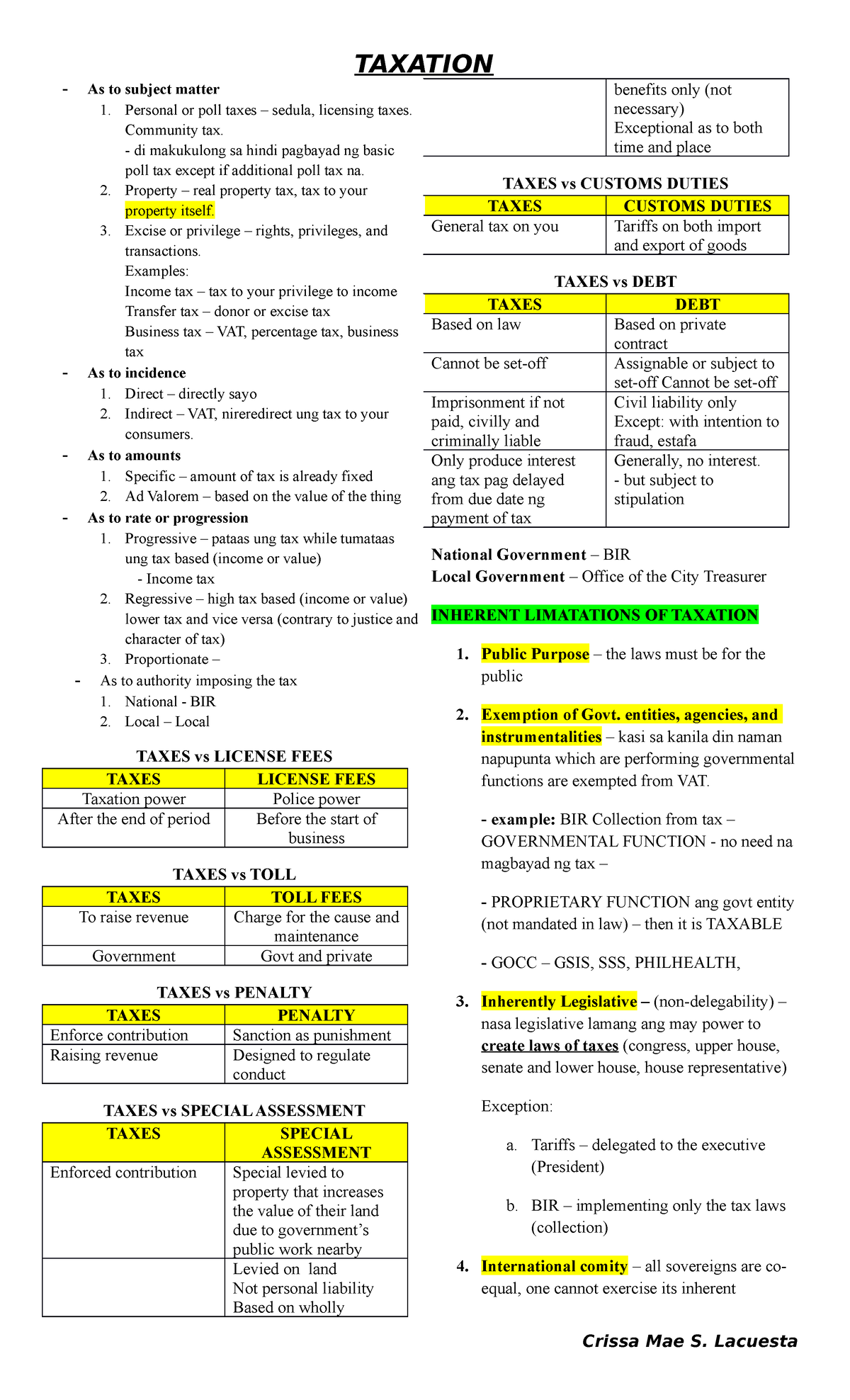 Taxation - Taxes - As to subject matter Personal or poll taxes – sedula ...