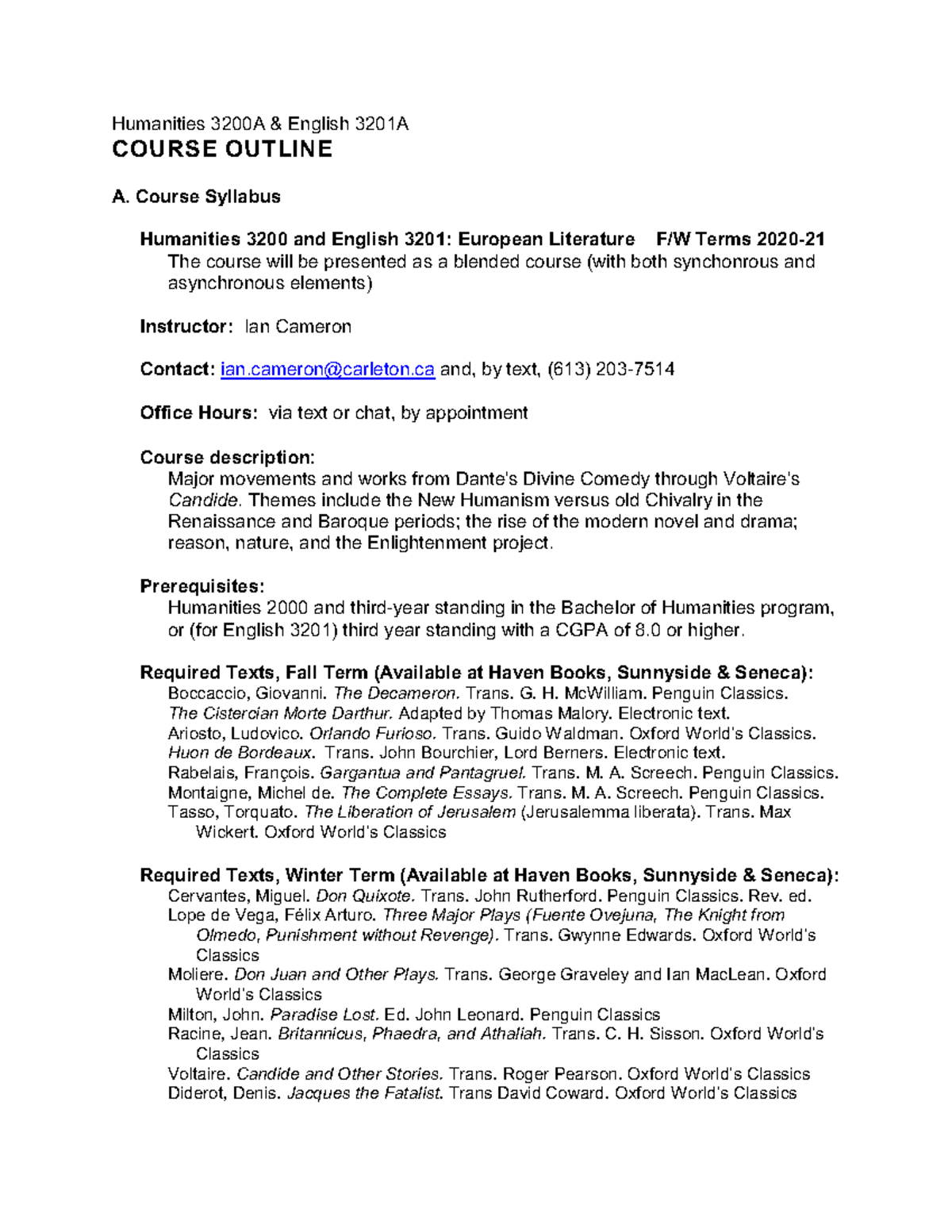 HUMS 3200A Fall 2020 Course Outline Ian Cameron - Humanities 3200A ...
