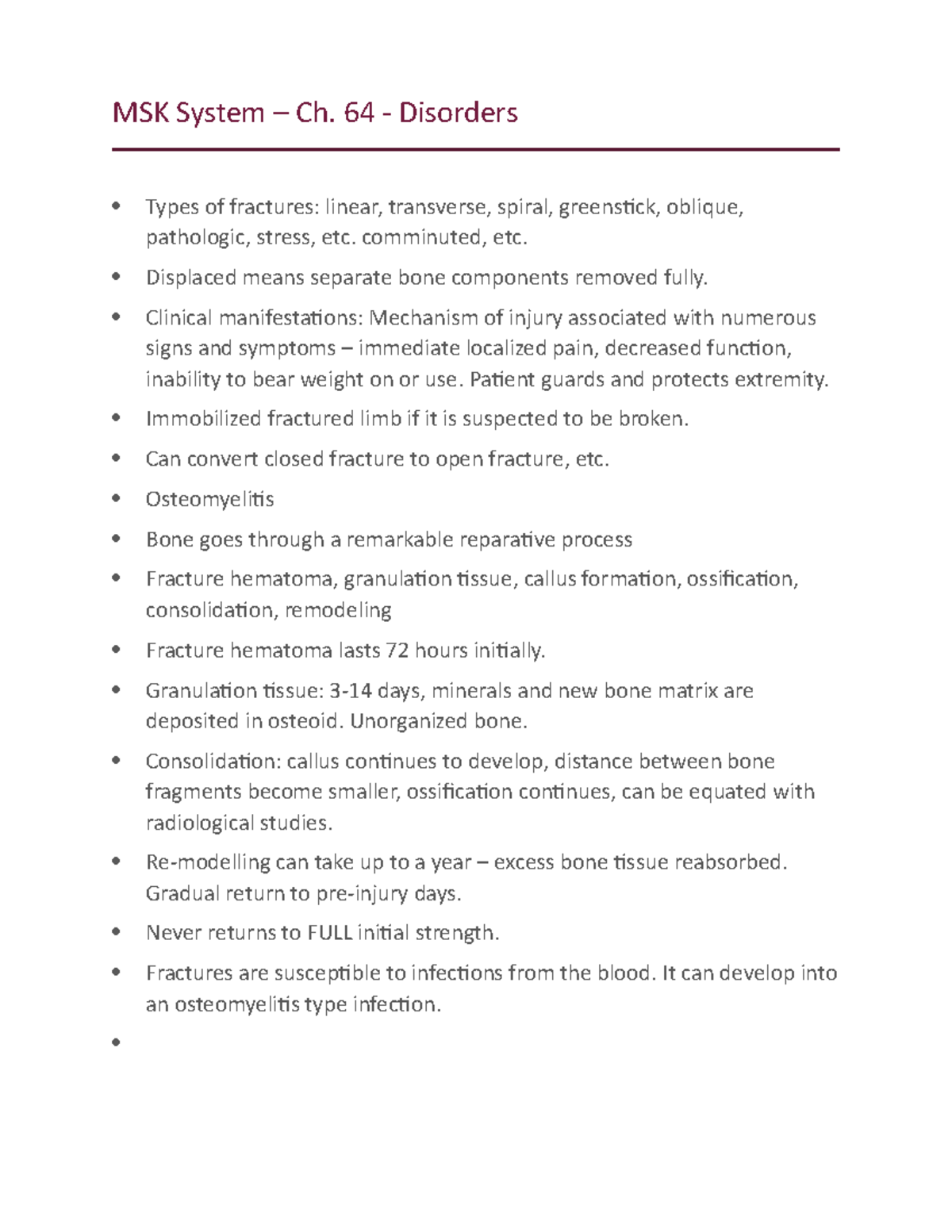 MSK System notes - MSK System – Ch. 64 - Disorders Types of fractures ...