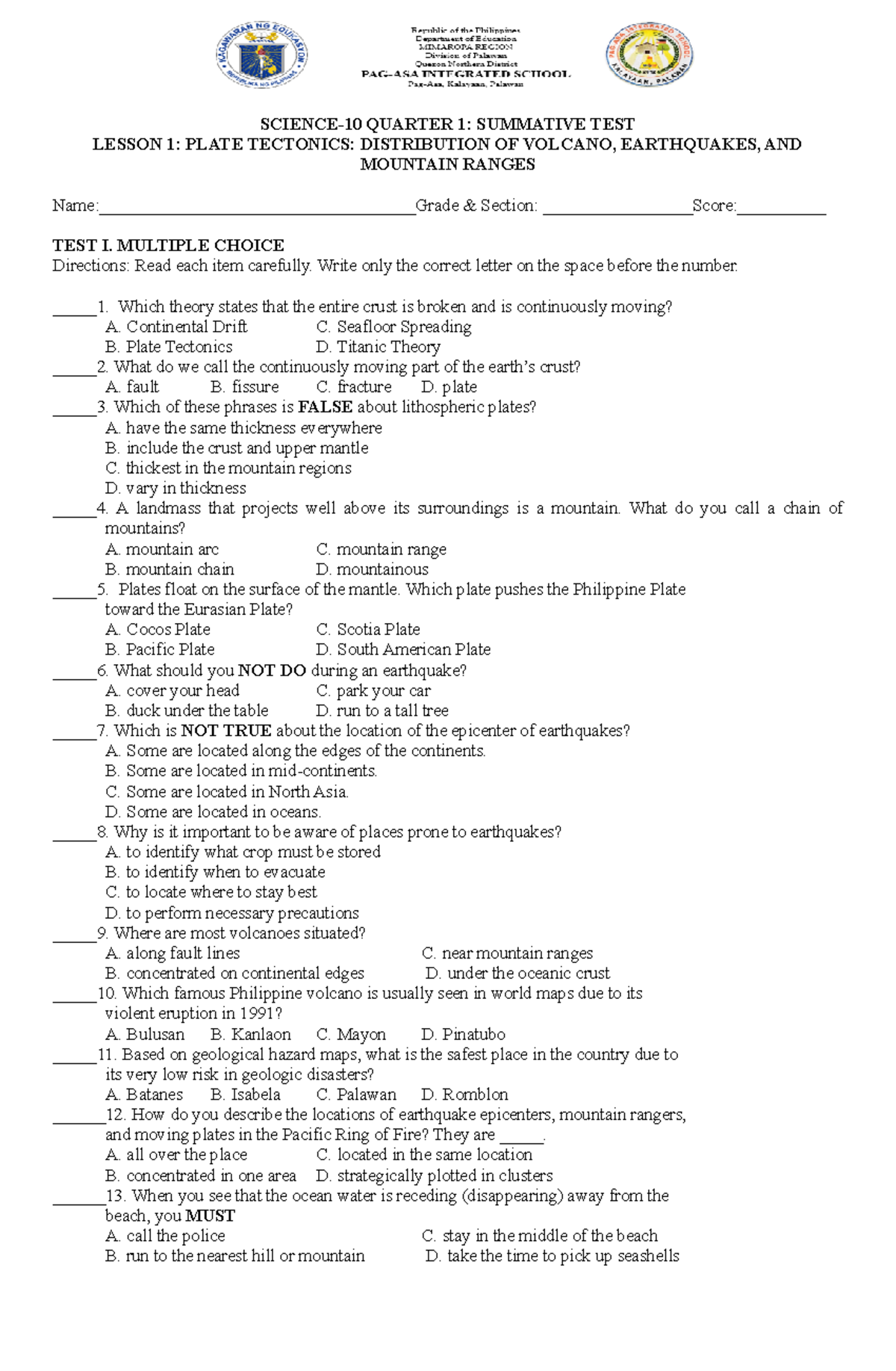 Science 10 Summative TEST 1 - SCIENCE- 10 QUARTER 1: SUMMATIVE TEST ...