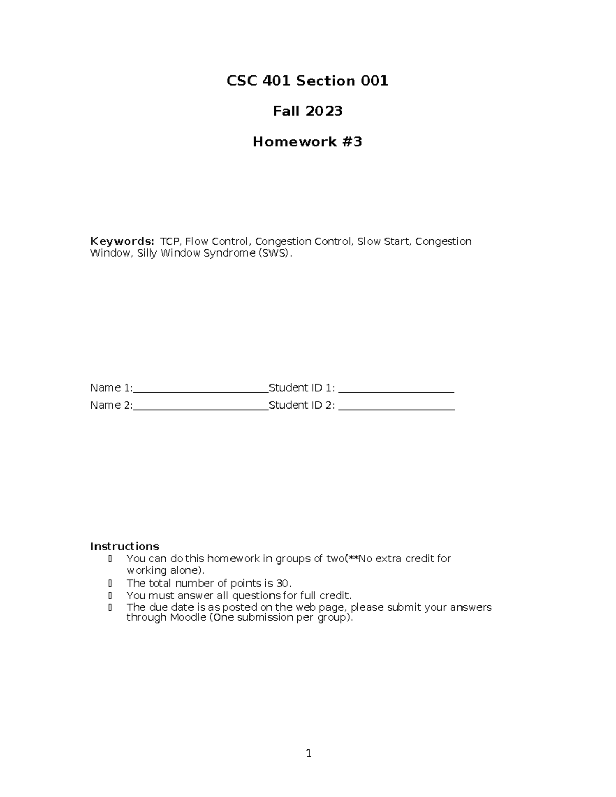 Hw3 sol - HW3 - CSC 401 Section 001 Fall 2023 Homework Keywords: TCP, Flow Control, Congestion ...