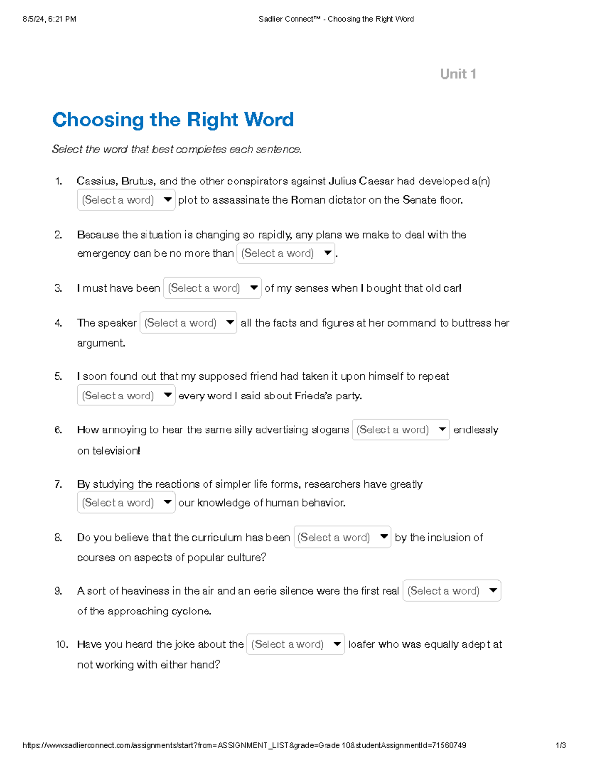 Sadlier Connect™ - Choosing the Right Word - Unit 1 Choosing the Right Word Select the word that ...
