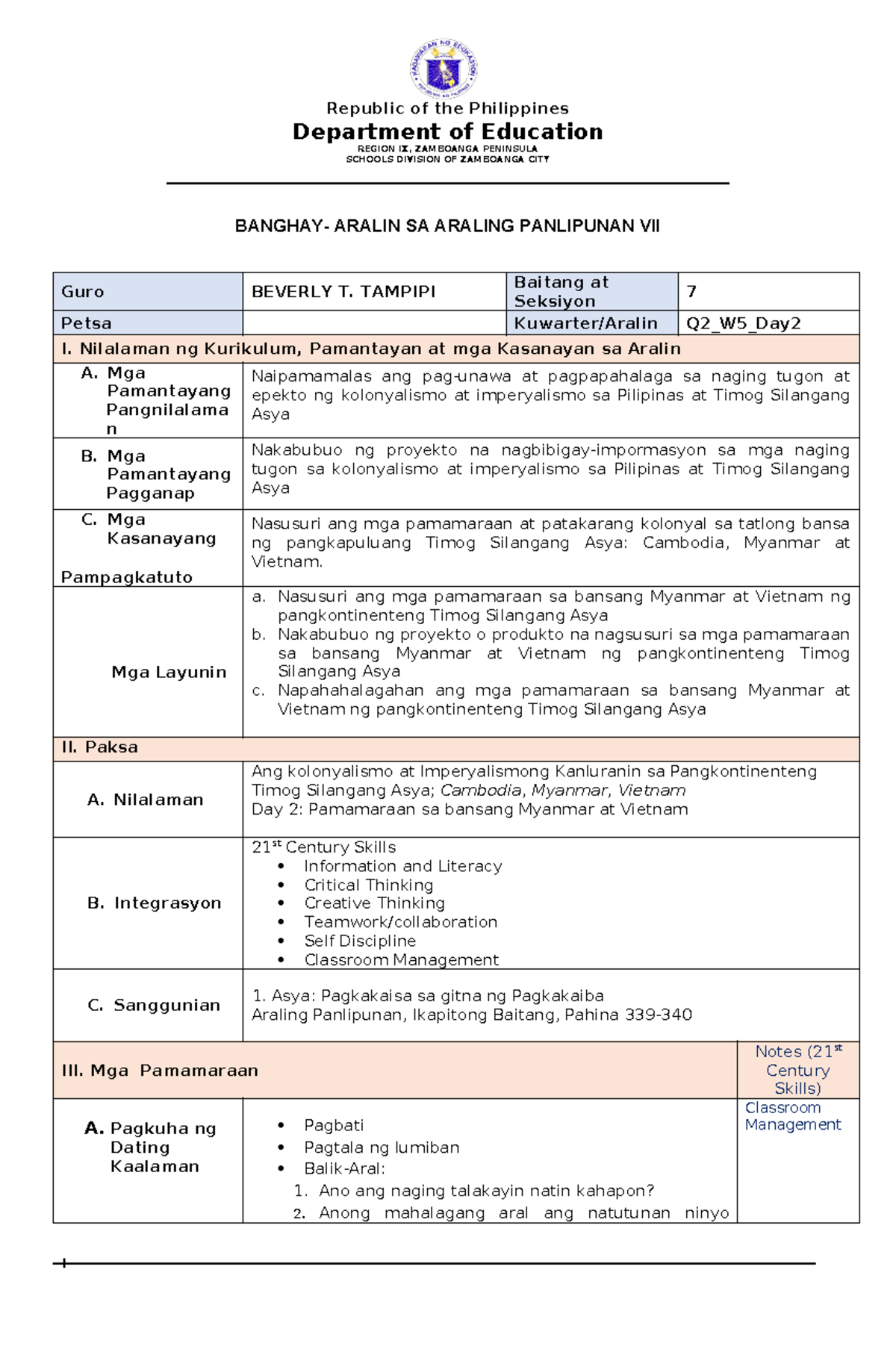 41 Quarter 2 WEEK 3 DAY 1 - G7 Lesson Plan MATATAG Curricilum ...
