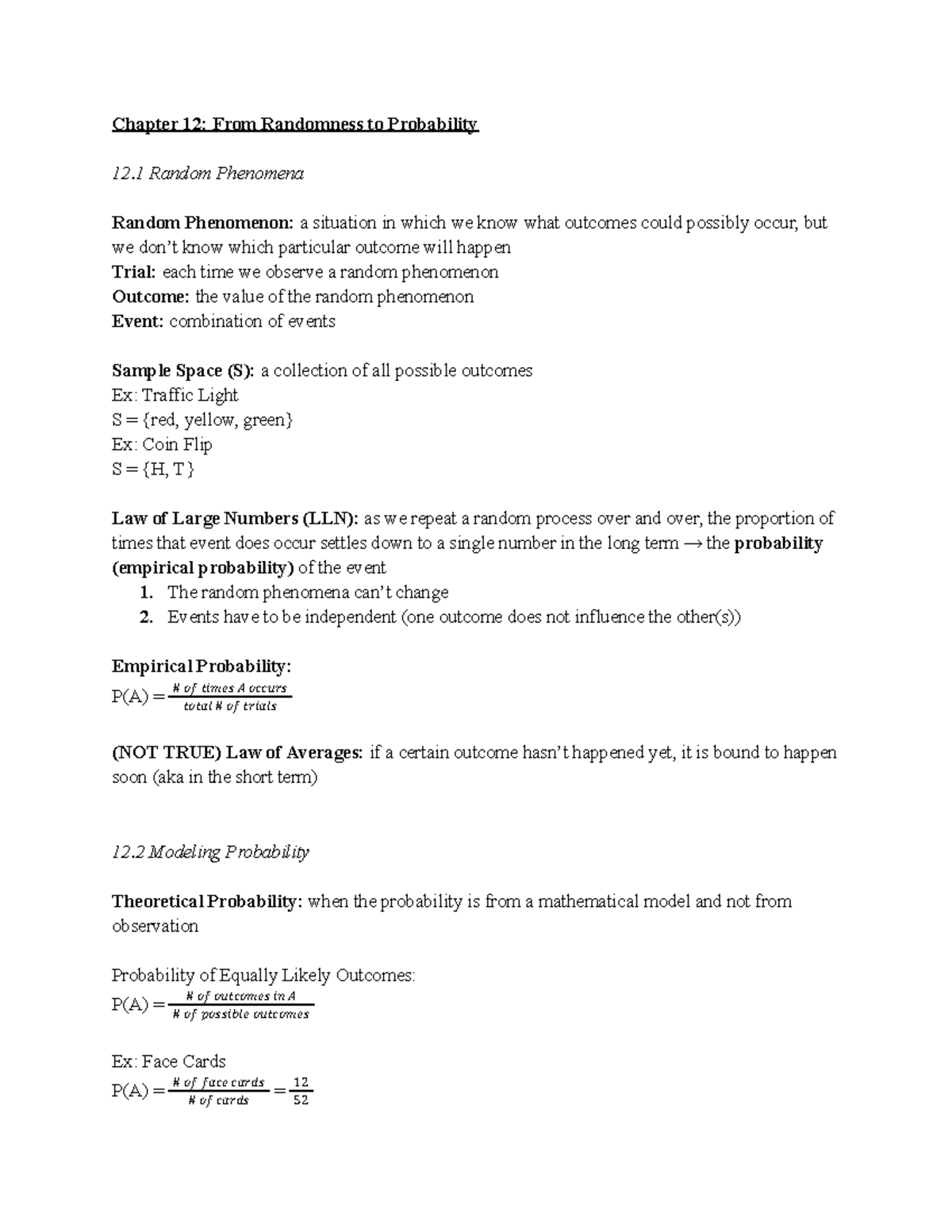 Stats Midterm 2 Content - Google Docs - Chapter 12: From Randomness to Probability 12 Random ...