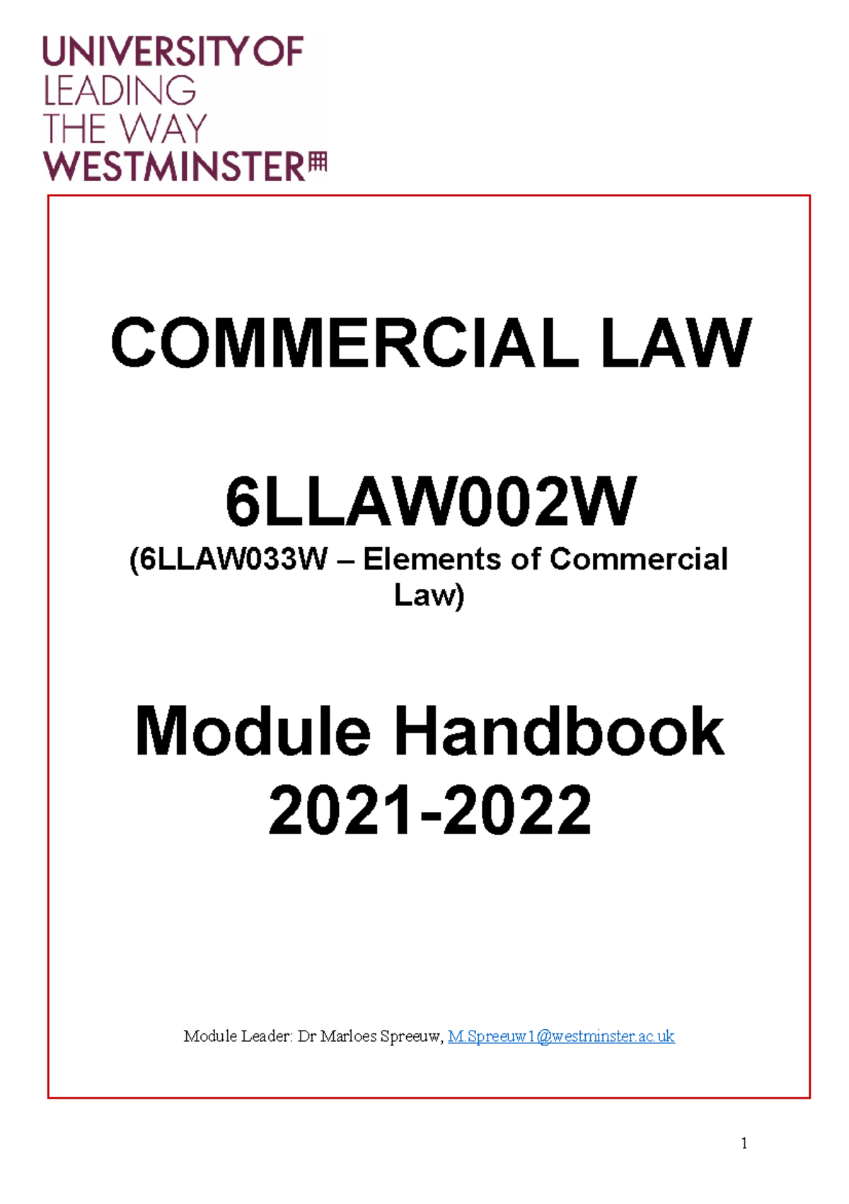 Commercial Module Handbook 6LLAW002W 2021-2022 - COMMERCIAL LAW ...