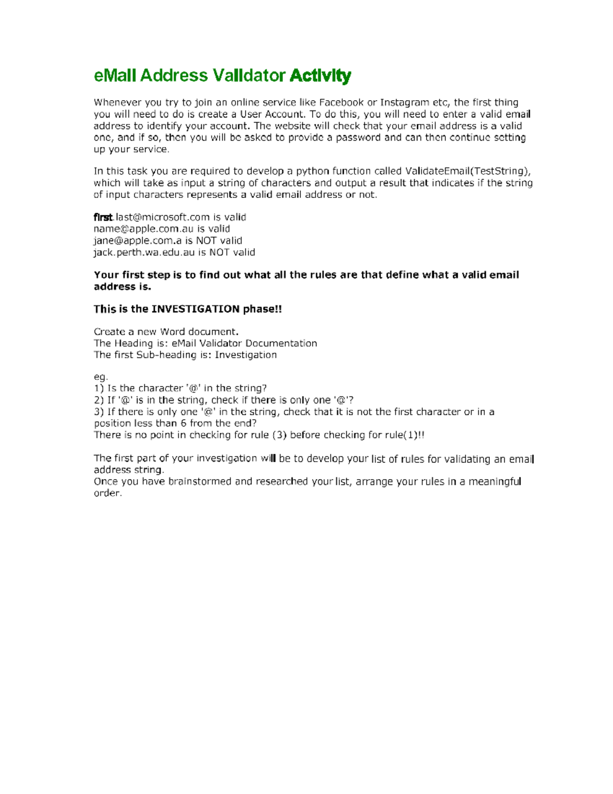 Email Mini Project - ELewayte - eMail Address Validator Activity ...
