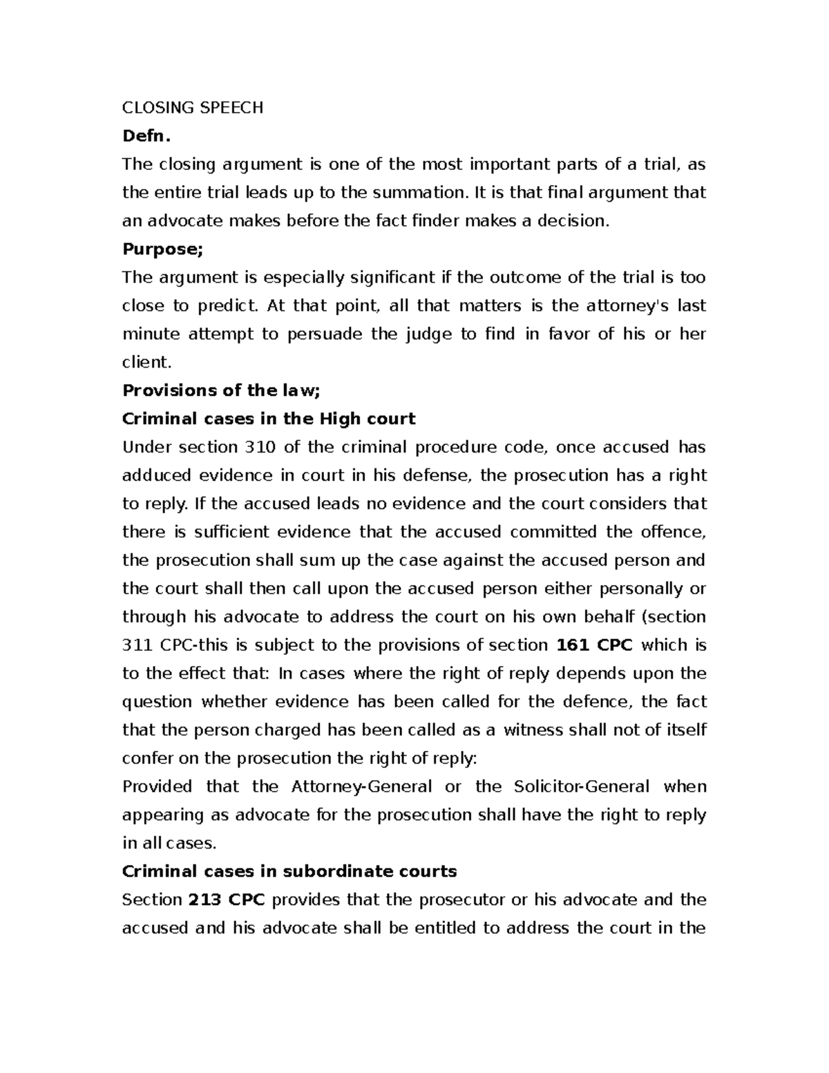 Closing Speech - Client Interview - CLOSING SPEECH Defn. The closing ...