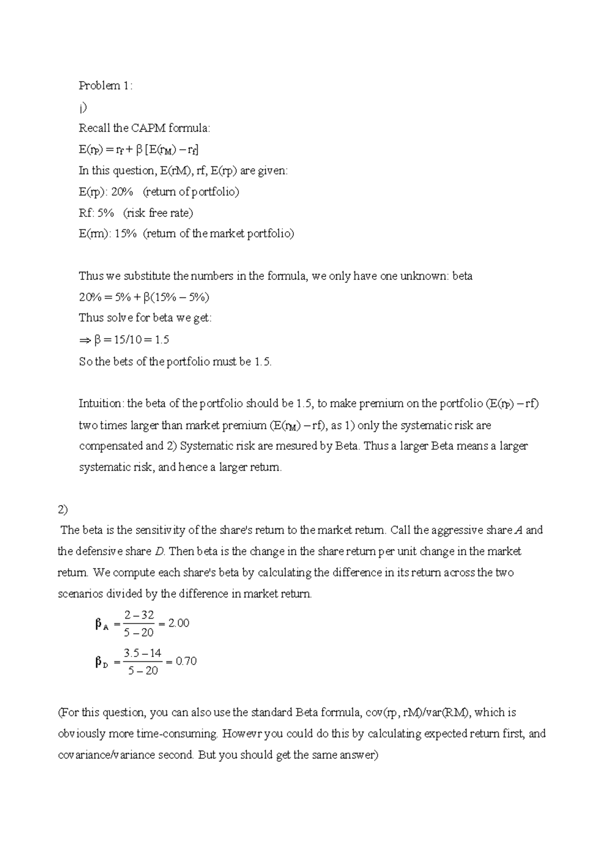 Tutorial 4 - CAPM solutions - Problem 1: ¡) Recall the CAPM formula: E ...