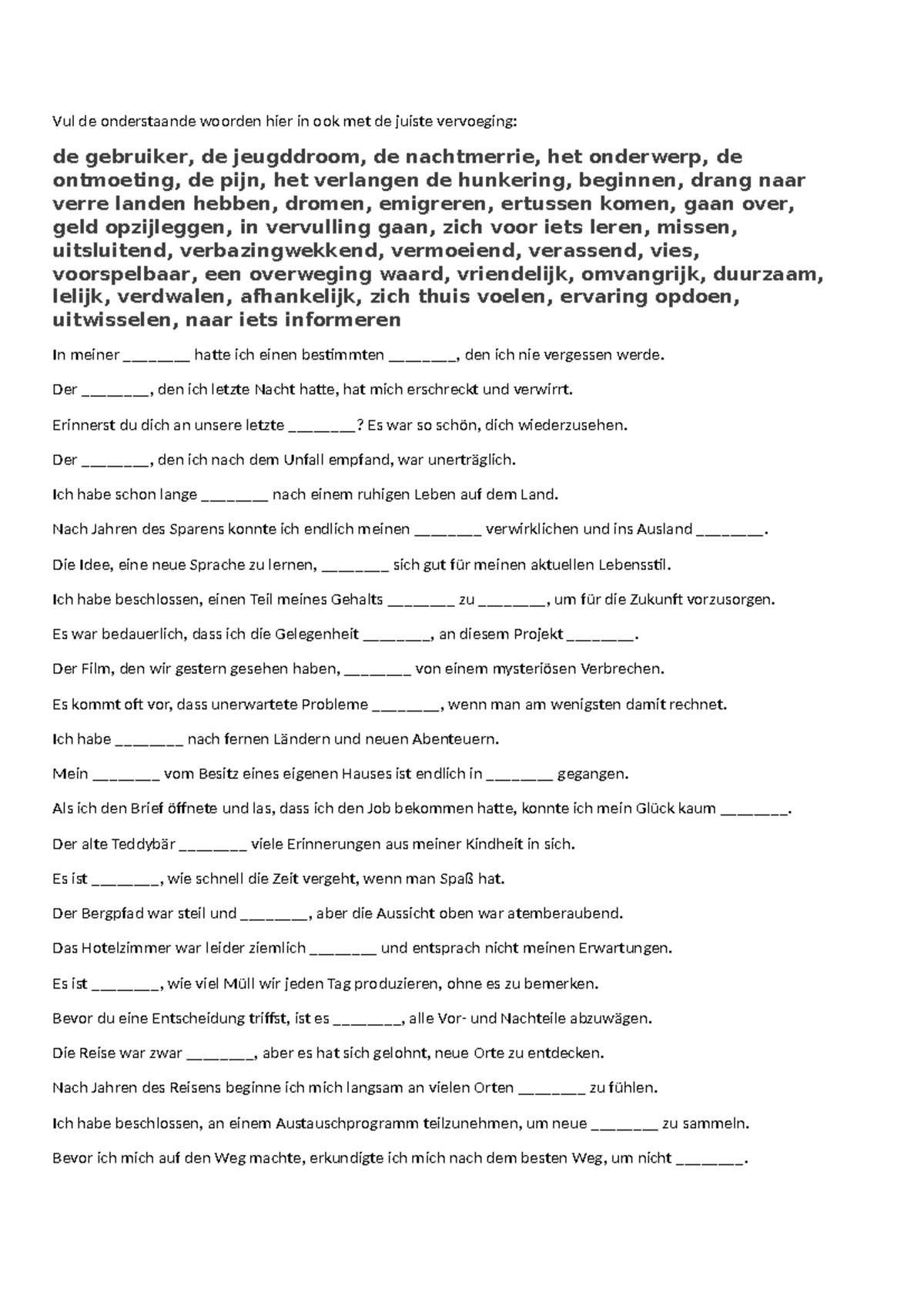Duits oefening duitsewoorden in zinnen invullen - Vul de onderstaande ...