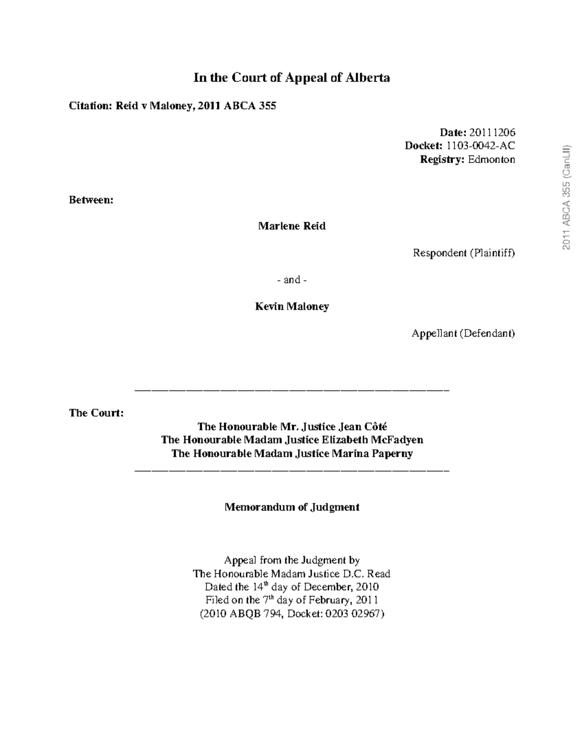 Reid v Maloney Case - In the Court of Appeal of Alberta Citation: Reid ...