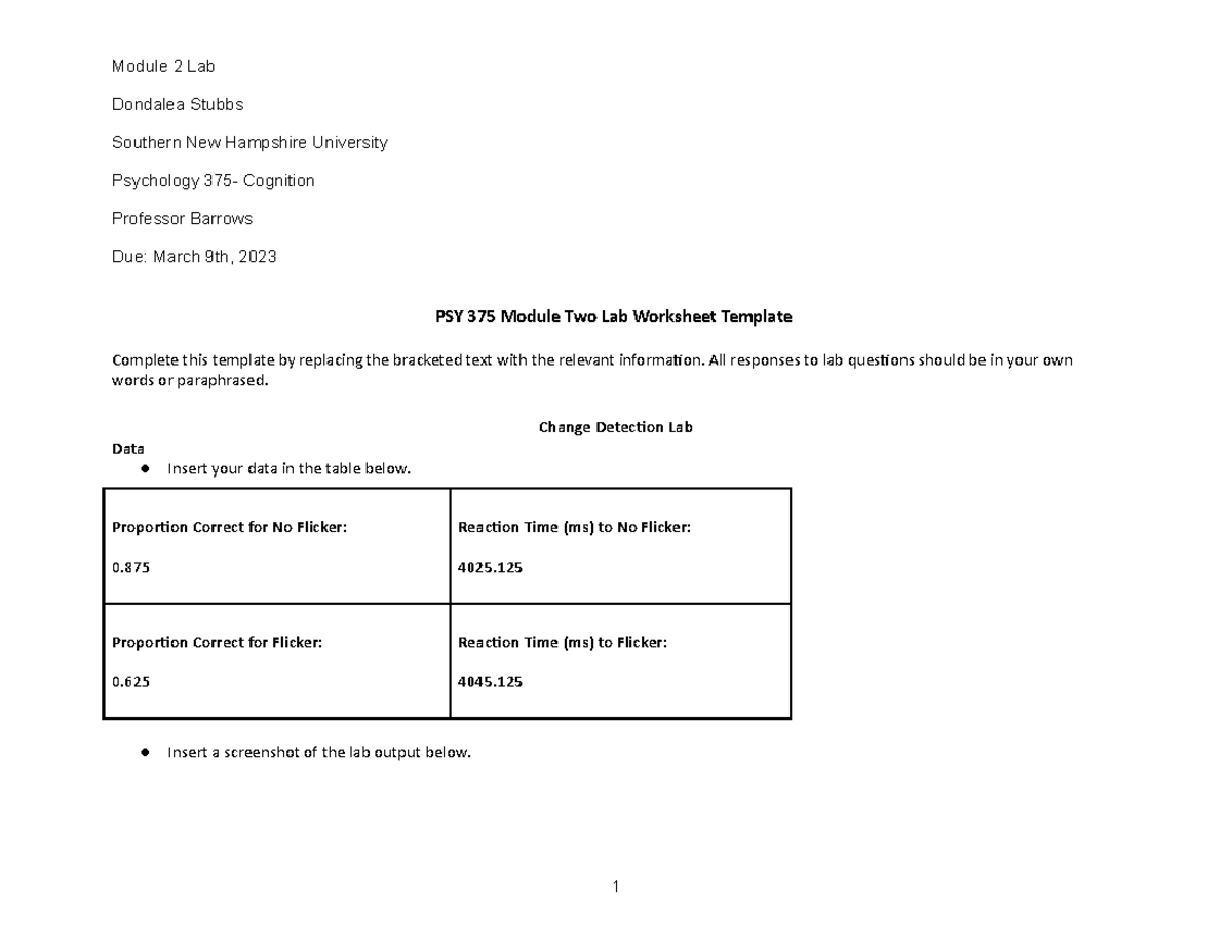 PSY 375 Module Two Lab Worksheet Template - Dondalea Stubbs Southern ...