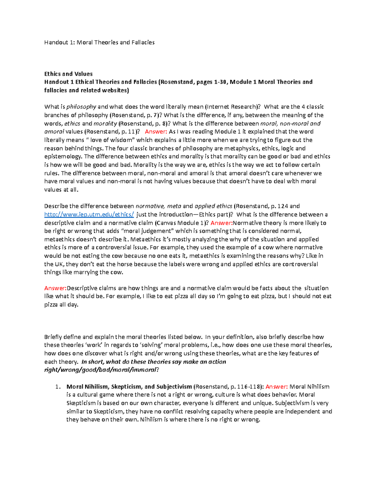 Handout 1- Moral Theories and Fallacies - Ethics and Values Handout 1 ...